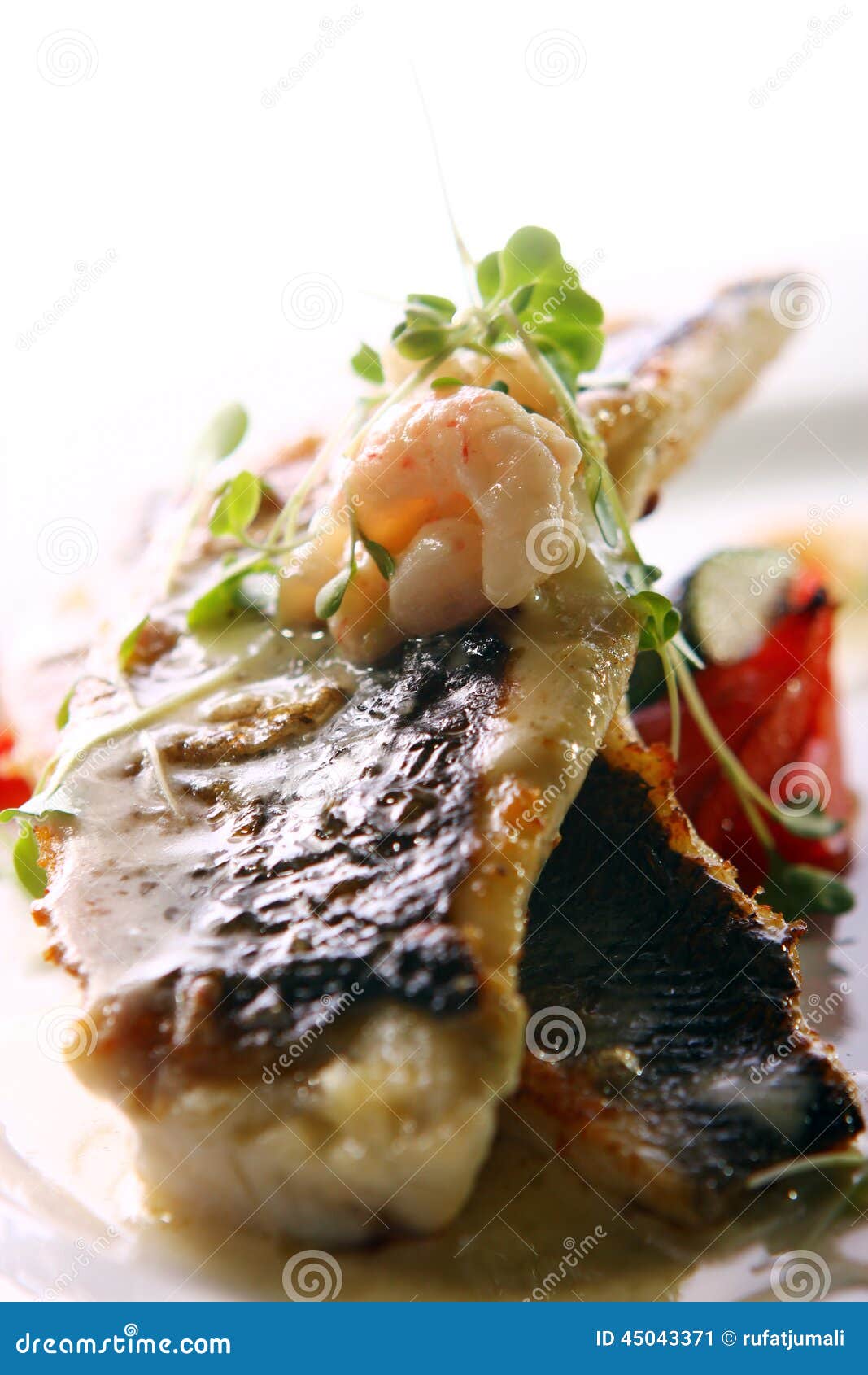 Gourmet Grilled Fish Served with Prawns Stock Image - Image of grilled ...