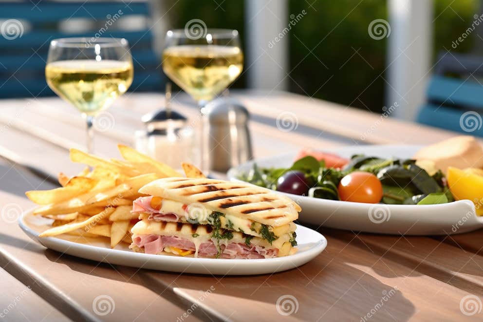 Gourmet Ham and Cheese Panini with Chips on a Bistro Table Stock Photo ...
