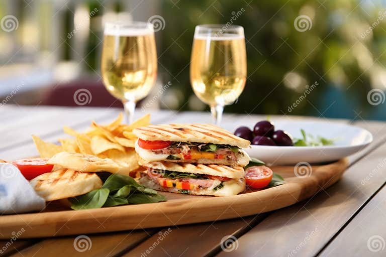 Gourmet Ham and Cheese Panini with Chips on a Bistro Table Stock Image ...