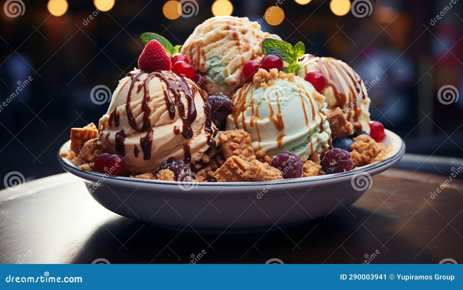 A Gourmet Ice Cream Sundae with Fresh Fruit and Chocolate Generated by ...