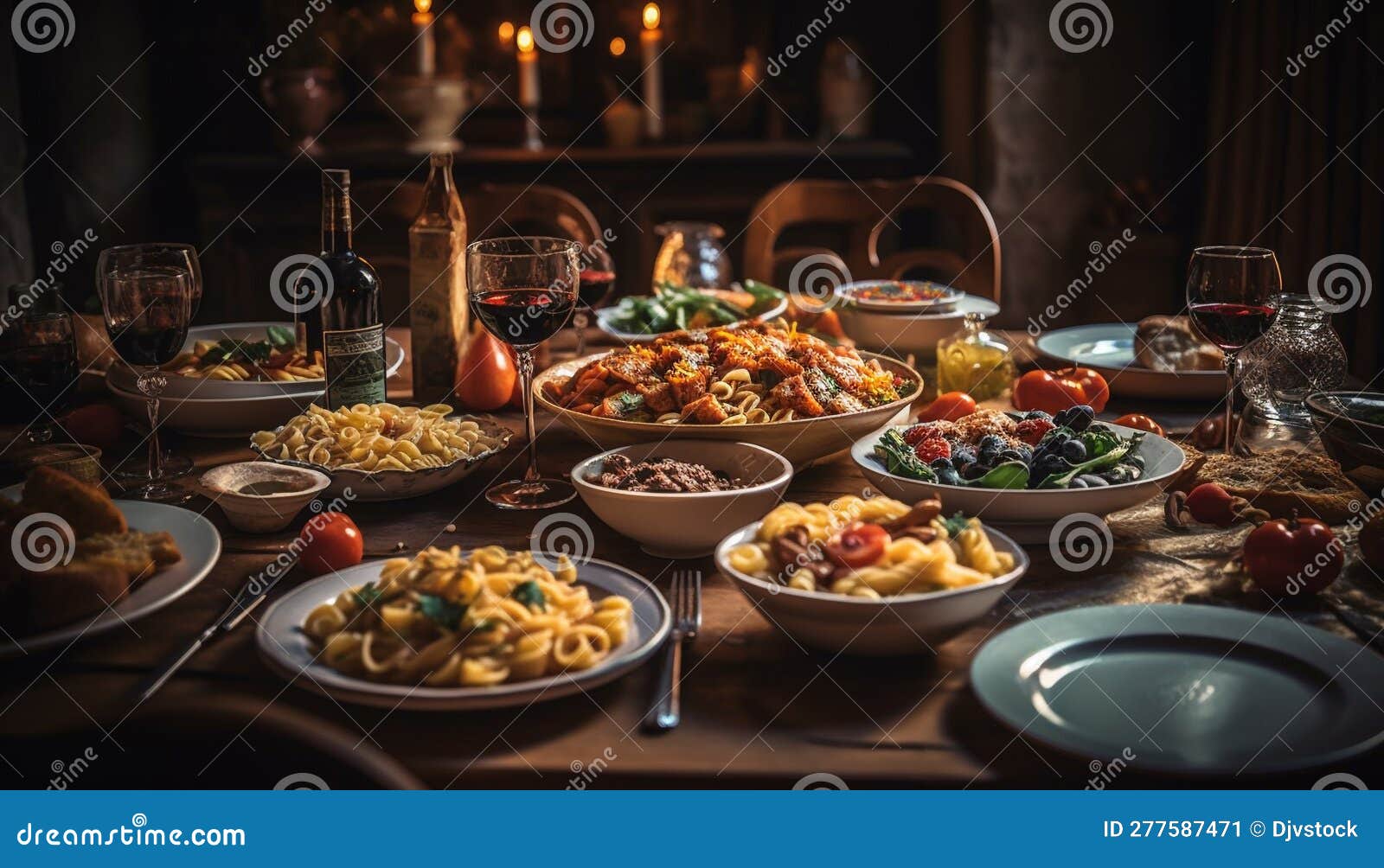 A Gourmet Meal with Wine, Salad, and Fresh Seafood Variation Generated ...