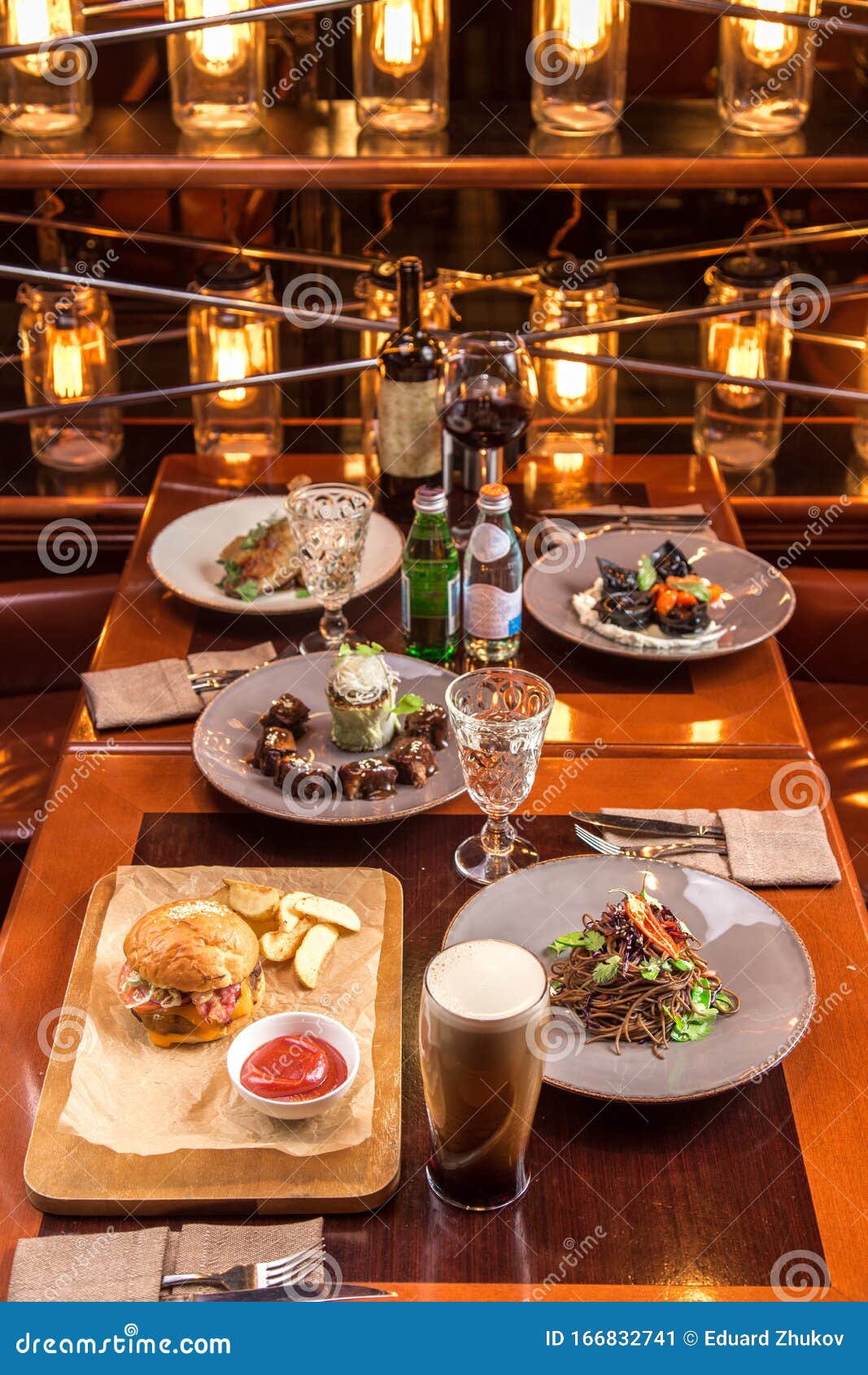 Gourmet Meals Assorted Set on Wooden Table Buffet at Restaurant with ...