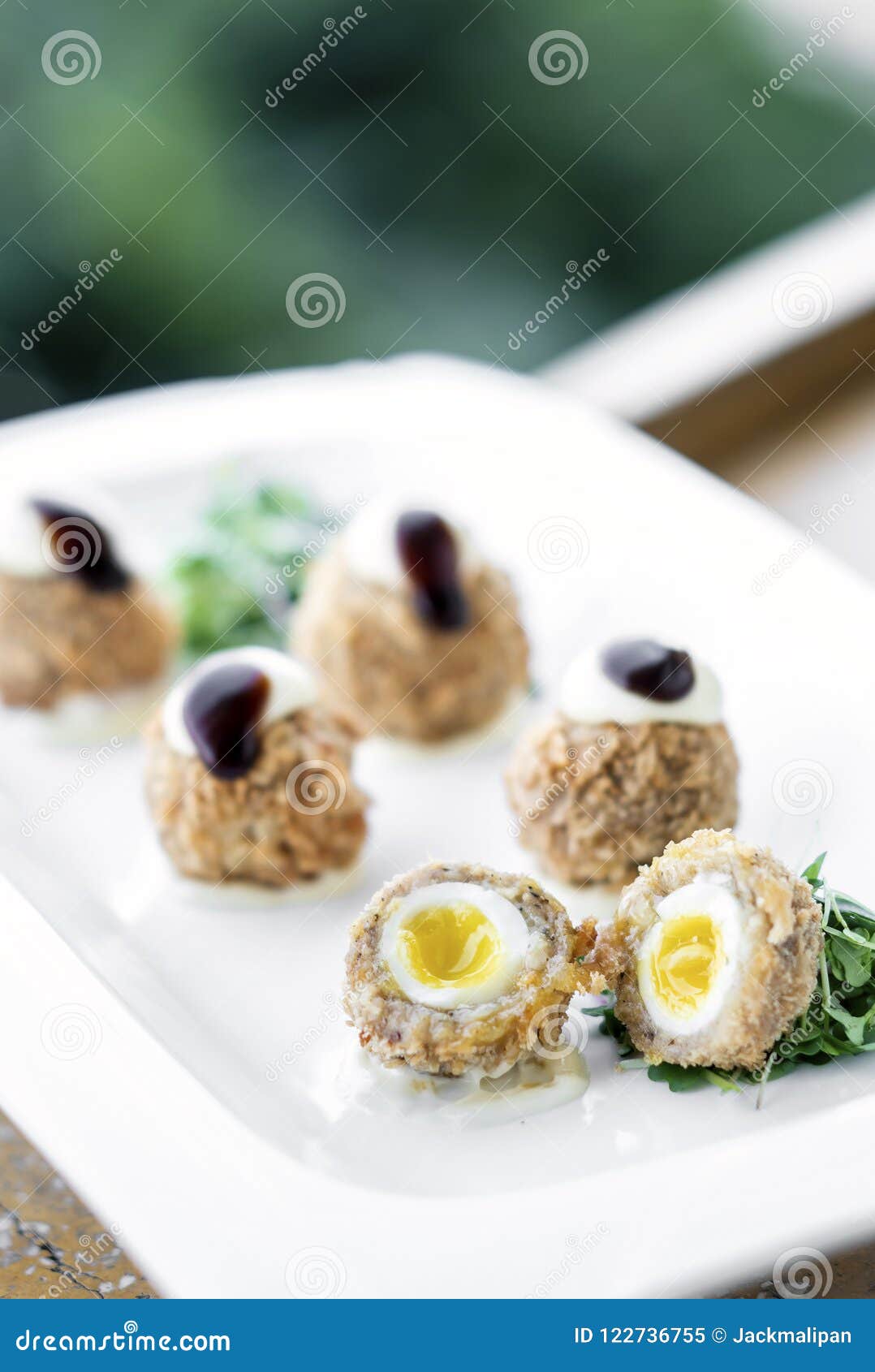Gourmet Organic Scotch Quail Eggs Starter Snack on Table Stock Image ...
