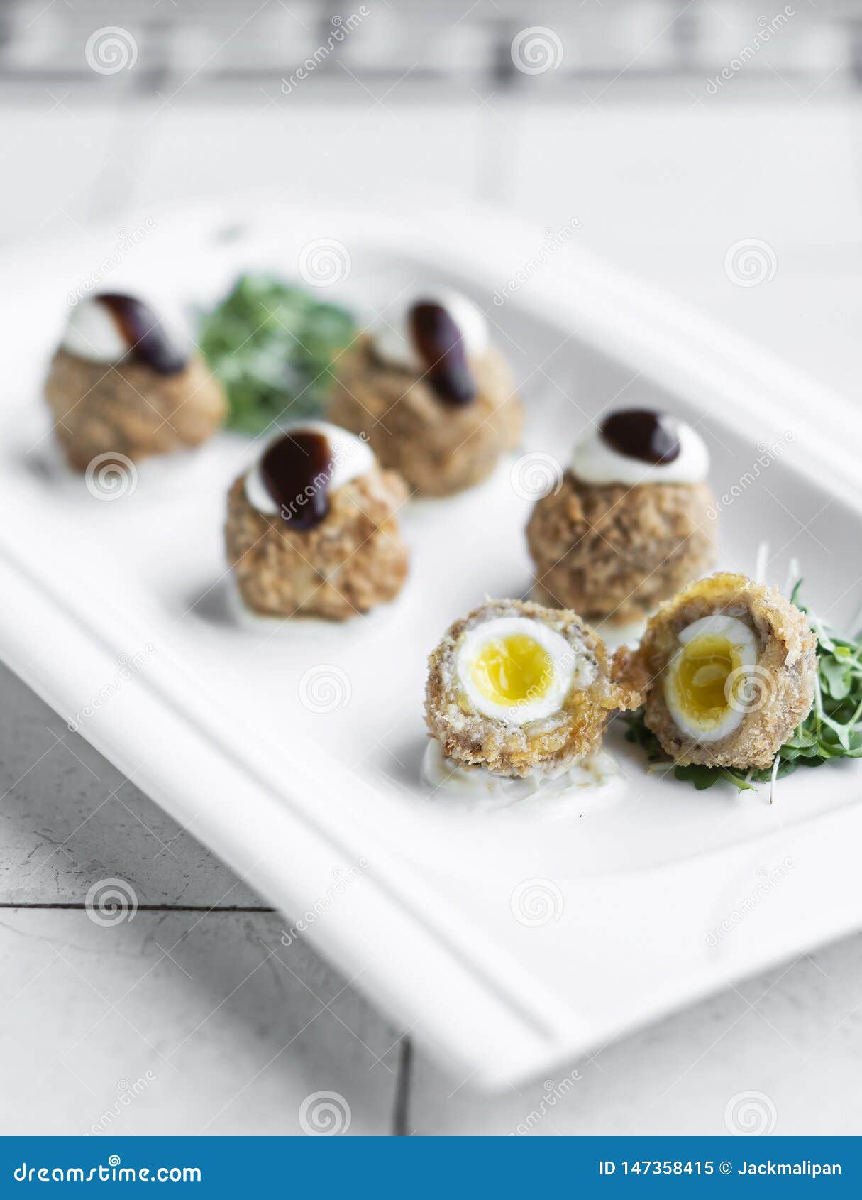 Gourmet Organic Scotch Quail Eggs Starter Snack on Table Stock Image ...