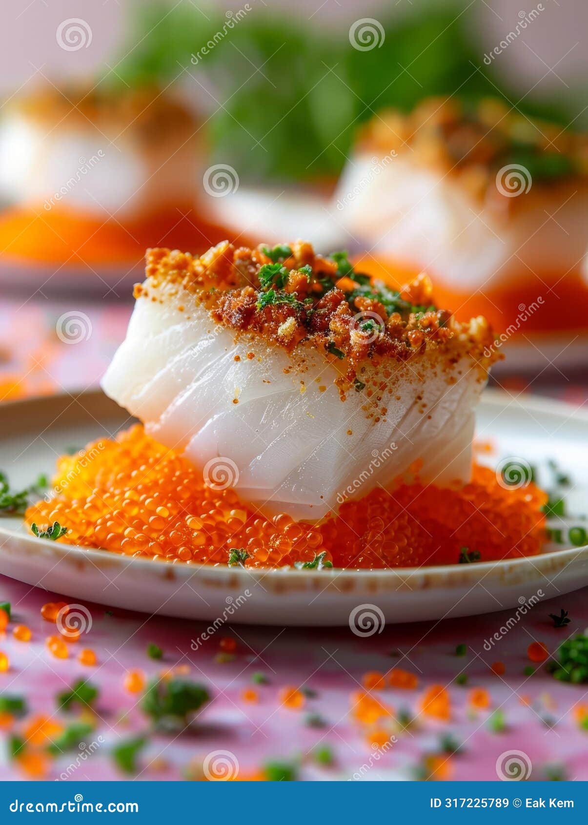 Gourmet Pan Seared Cod Fillet With Crispy Herb Crust And Orange Caviar ...