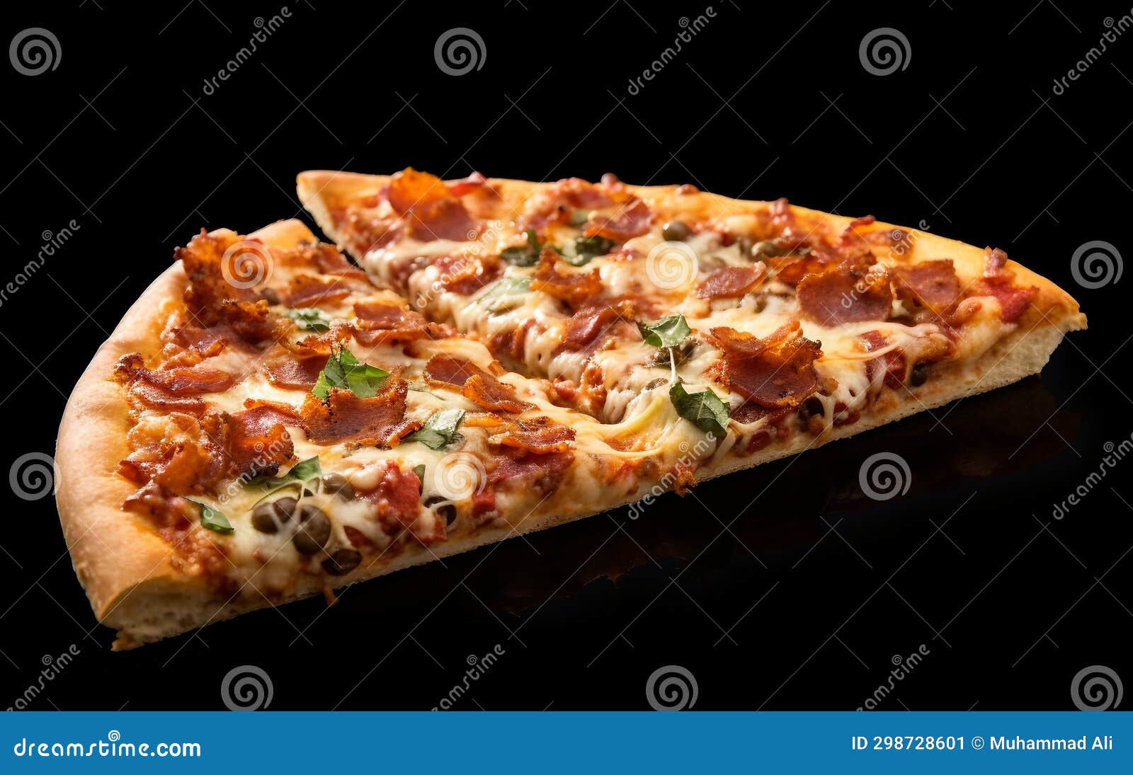 Gourmet Pizza Slice on Black Background Stock Illustration ...