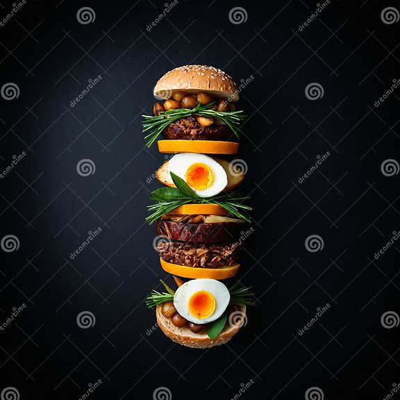 Gourmet Plant-based Burger Stack with Egg and Herbs on Black Background ...