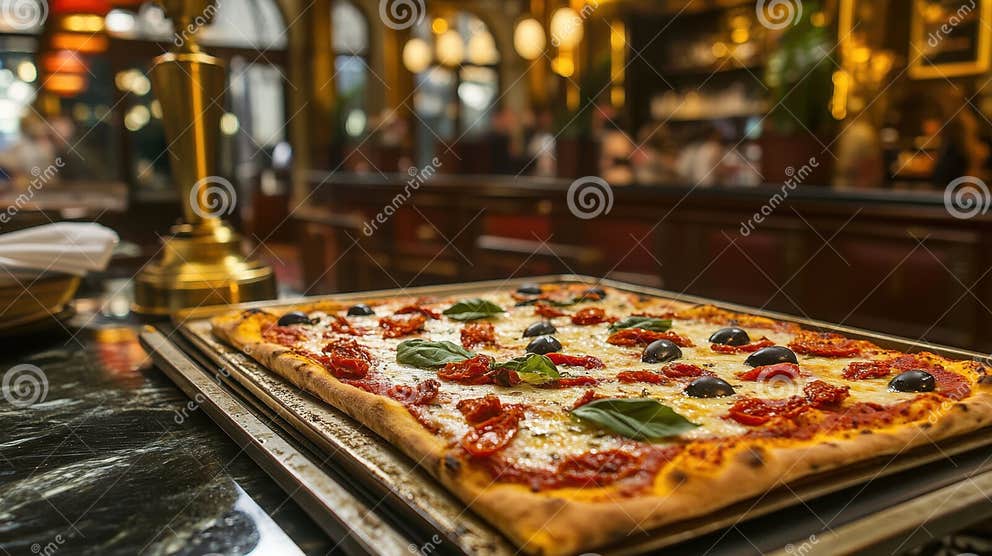 Gourmet Rectangular Pizza with Olives and Basil in Elegant Italian ...
