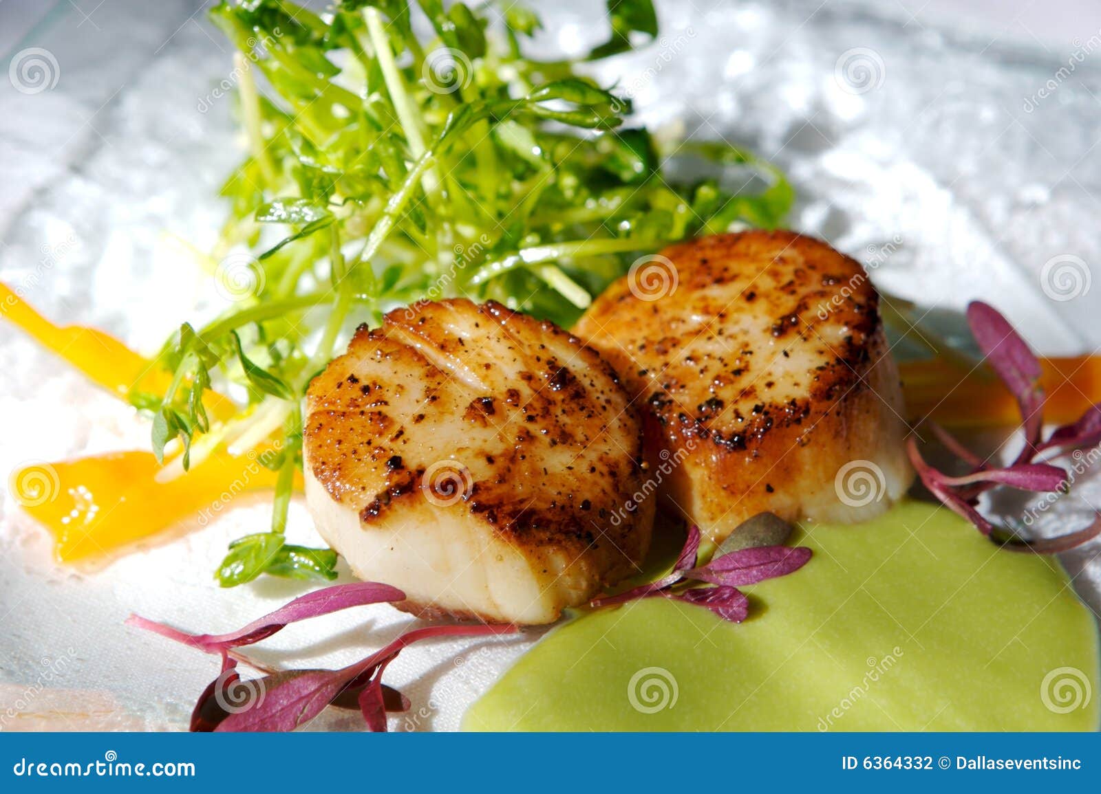 Gourmet Seared Scallops with Garnishes Stock Photo - Image of dinner ...