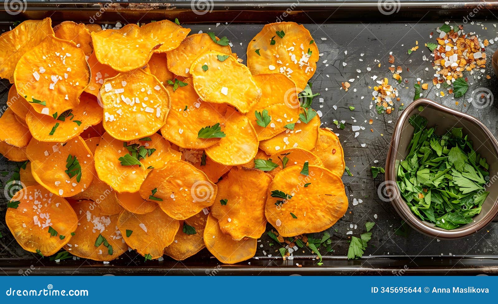 Gourmet Snack Delight: Top View of Rustic Sweet Potato Chips on a ...