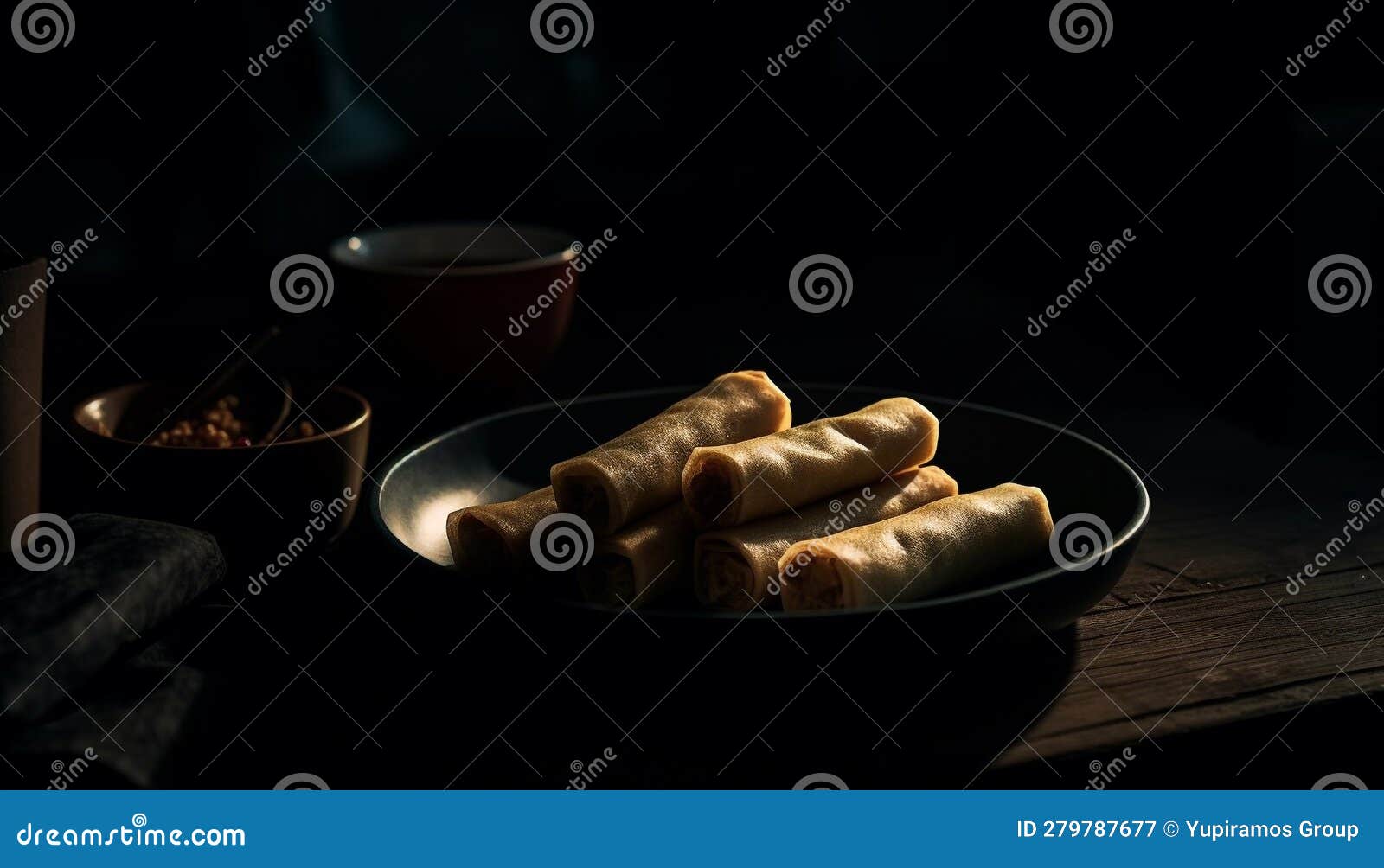 Gourmet Spring Roll Appetizer on Wooden Plate, Ready To Eat Generated ...
