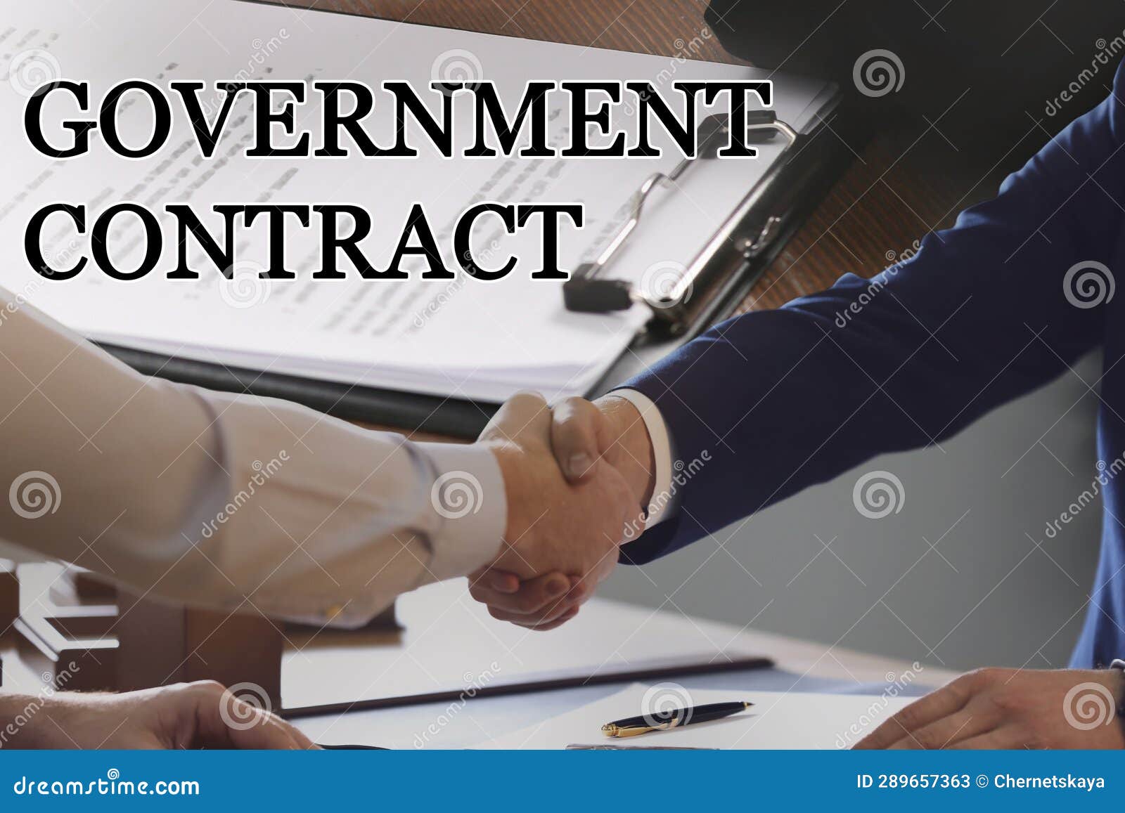Government Contract. Collage with Photo of Businesspeople Shaking Hands ...