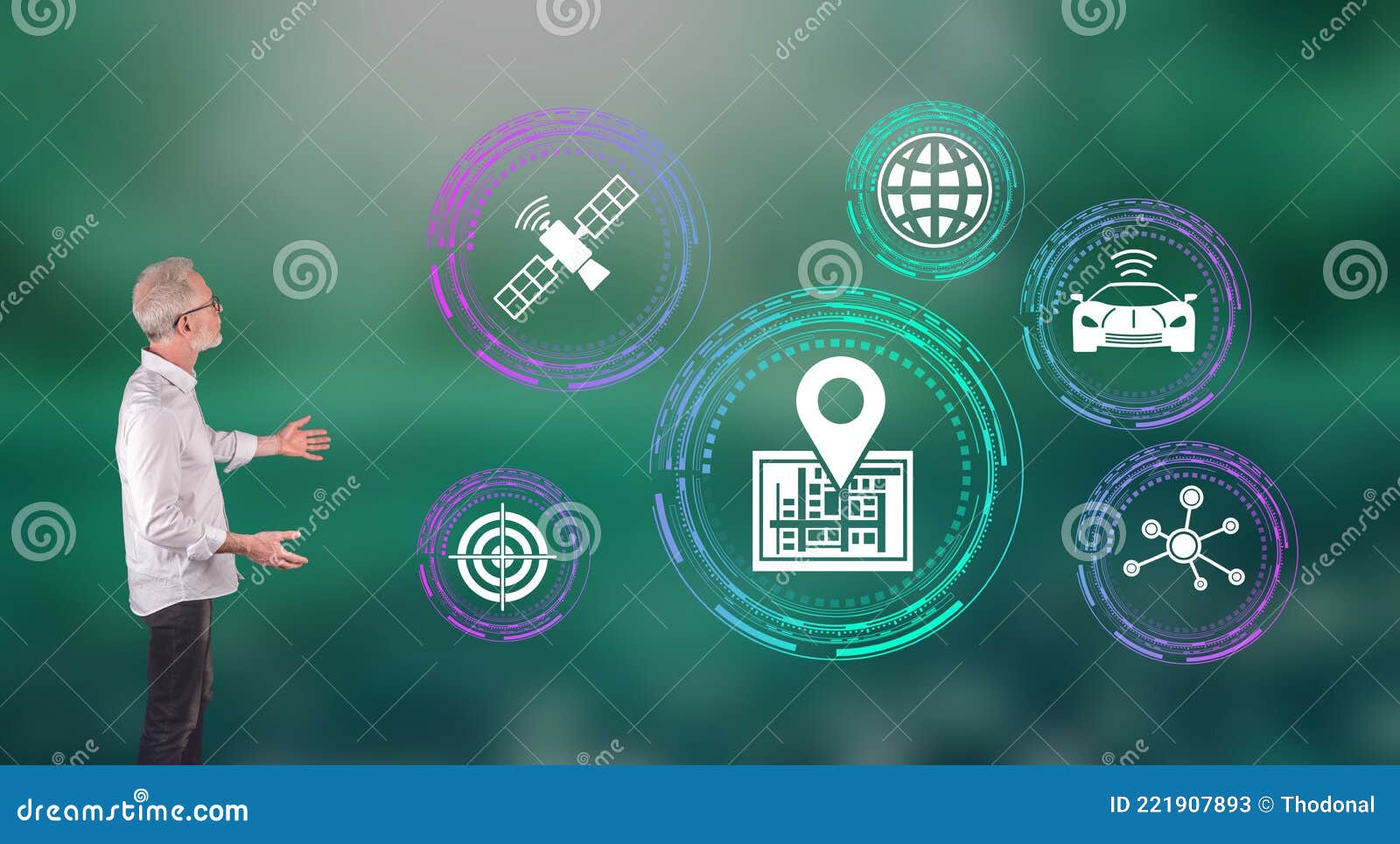 A Gps Concept Explained by a Businessman on a Wall Screen Stock ...