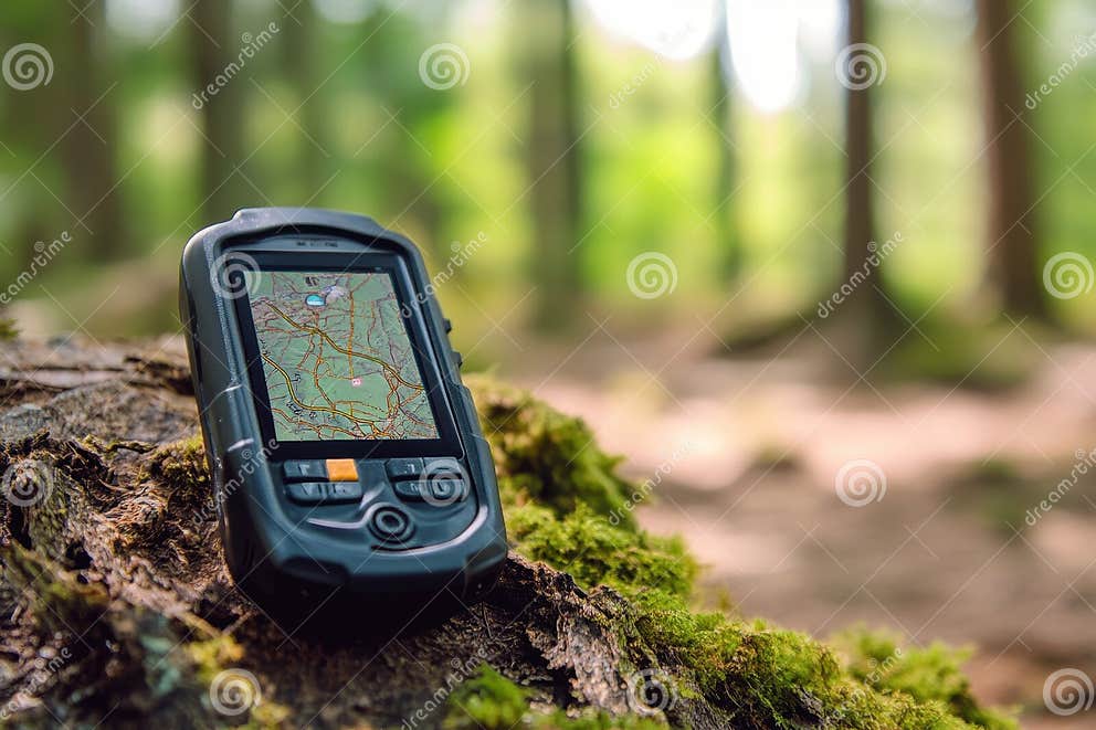 GPS Device Displaying Map in a Forest Setting Stock Illustration ...