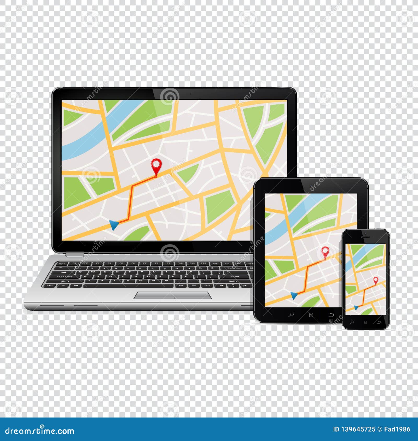 GPS Map on Display of Modern Digital Devices Isolated on Transparent ...