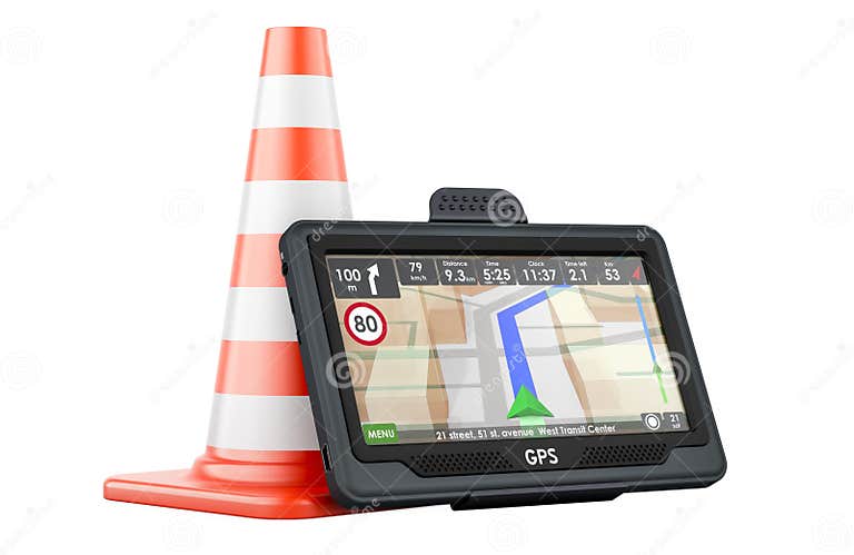 GPS Navigation Device with Traffic Cone, 3D Rendering Stock ...
