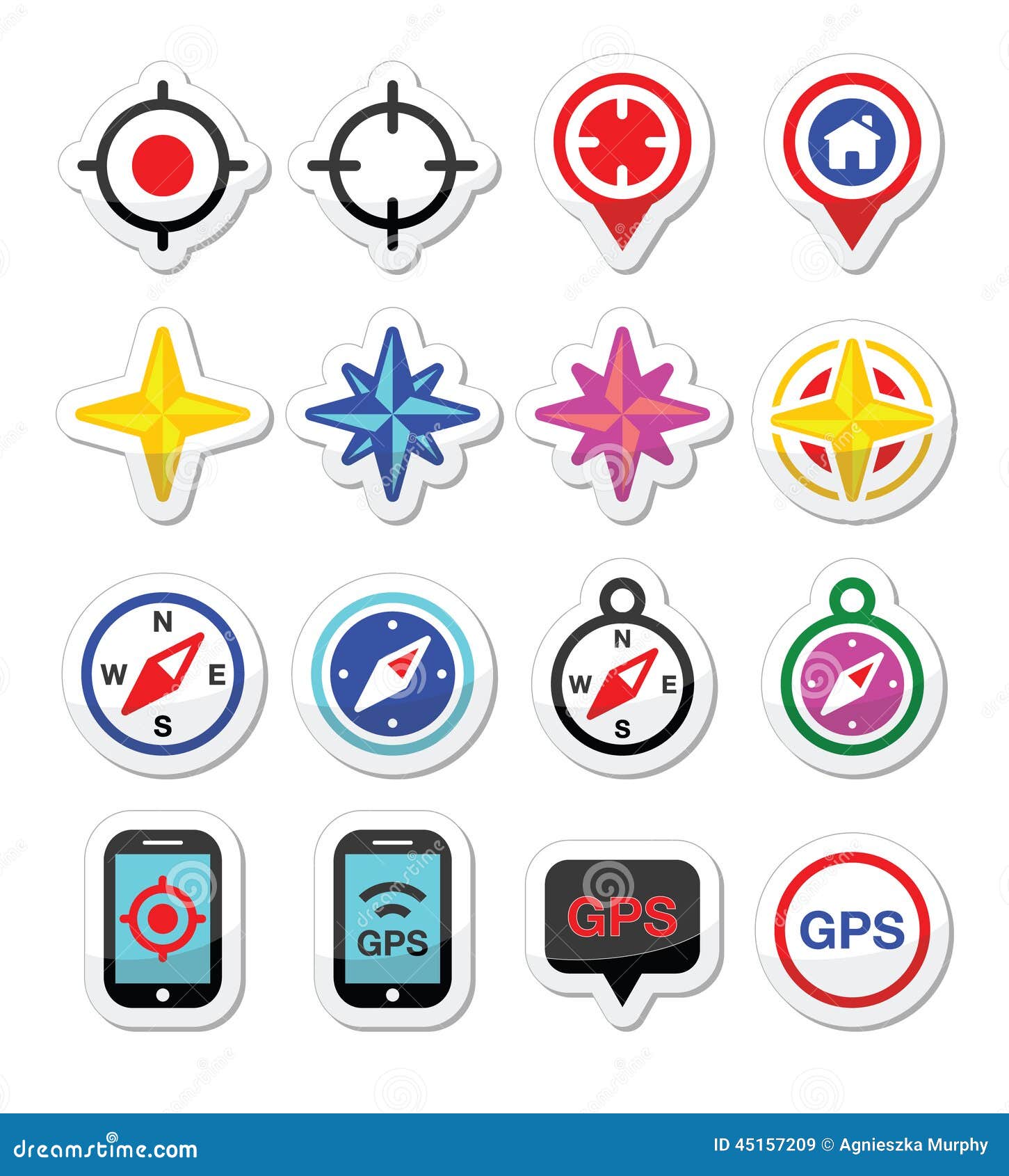 GPS-Navigation, Windrose, Kompassikonen Eingestellt Vektor Abbildung ...