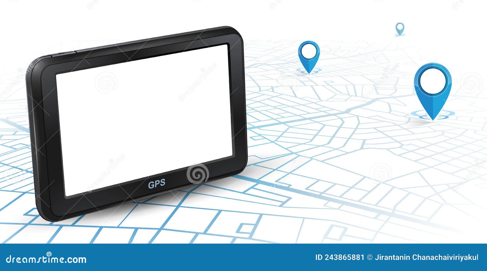 GPS Navigator Unit Mock Up on Map with Gps Icon Blue Color Stock Vector ...