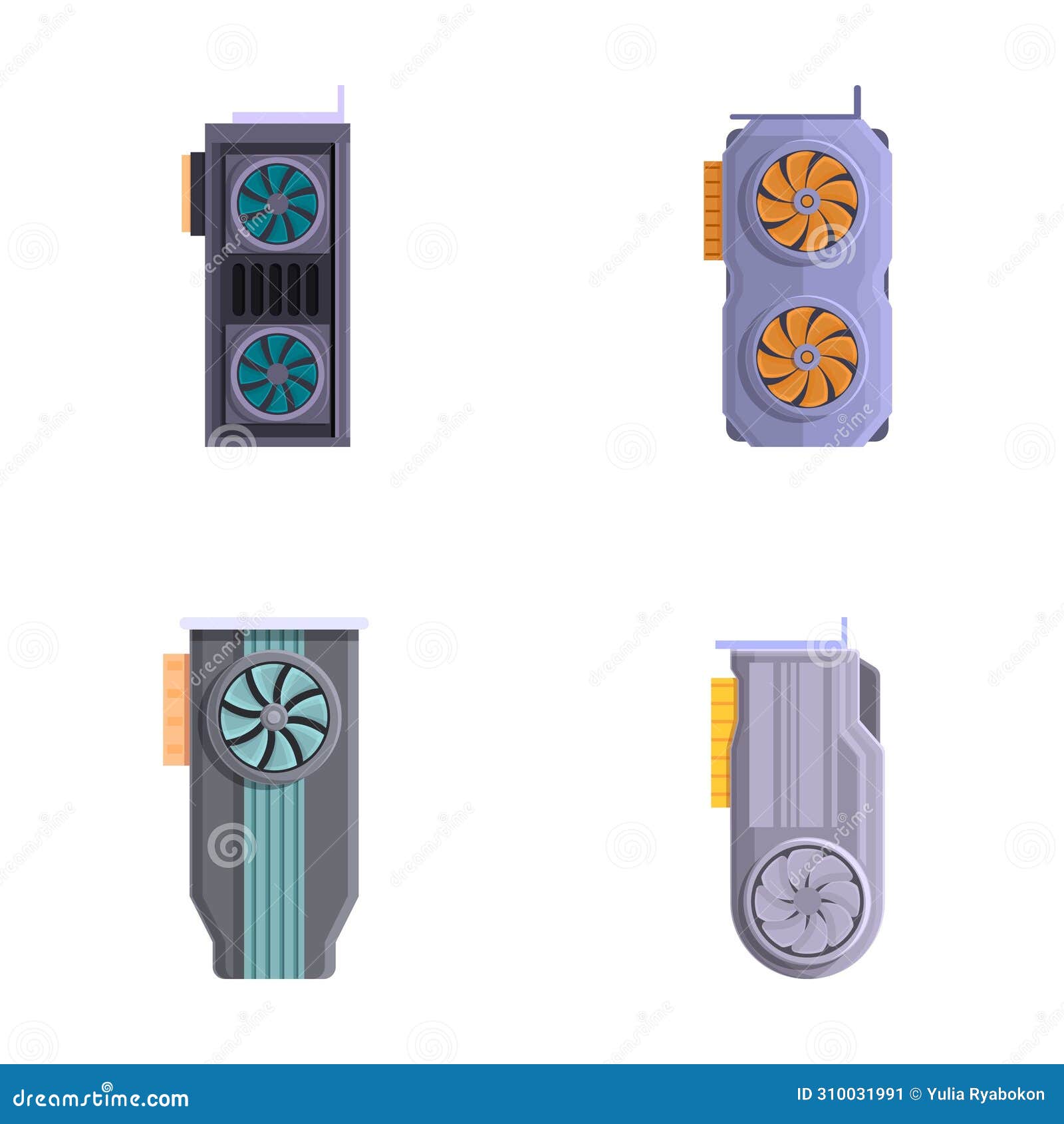 Gpu Card Icons Set Cartoon Vector. Computer Graphic Card with Cooling ...