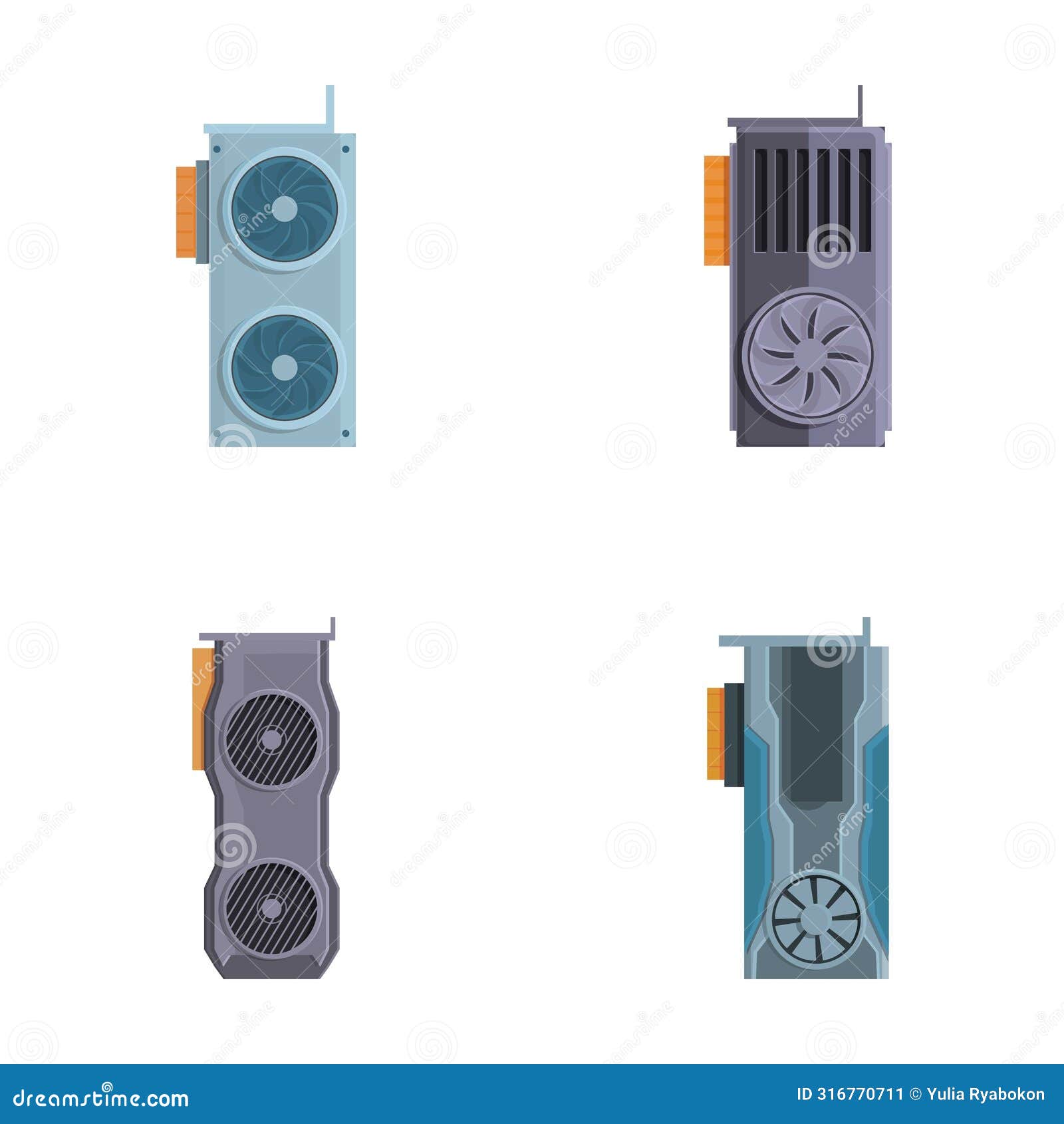 Gpu Icons Set Cartoon Vector. Computer Graphic Card with Cooling Fan ...