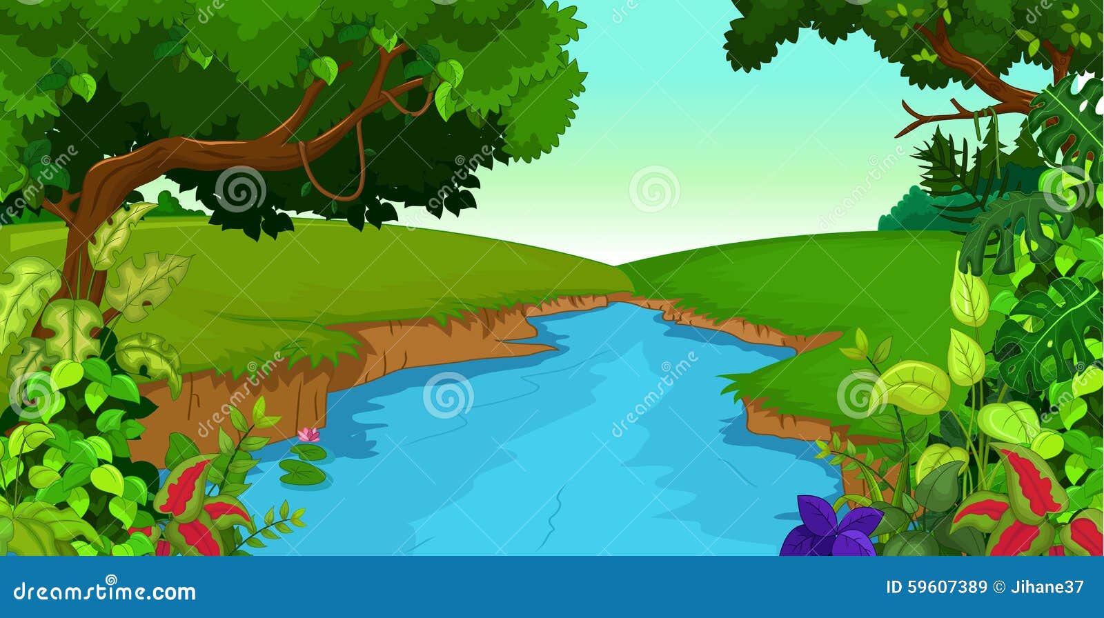 Grüner Wald mit Fluss stock abbildung. Illustration von blume - 59607389