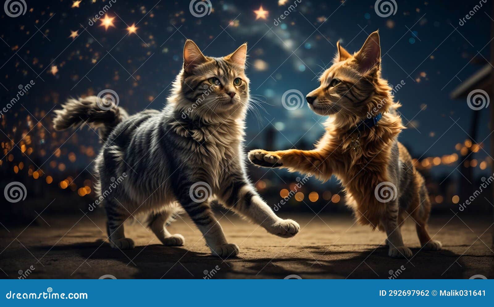 A Graceful Cat and a Energetic Dog Dancing Under a Starry Sky Stock ...
