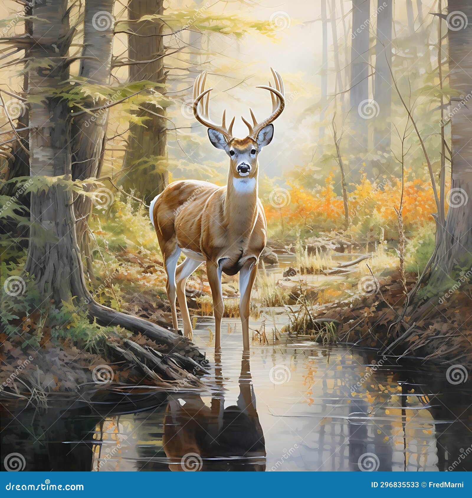 A Deer Standing in a Stream Stock Illustration - Illustration of gently ...