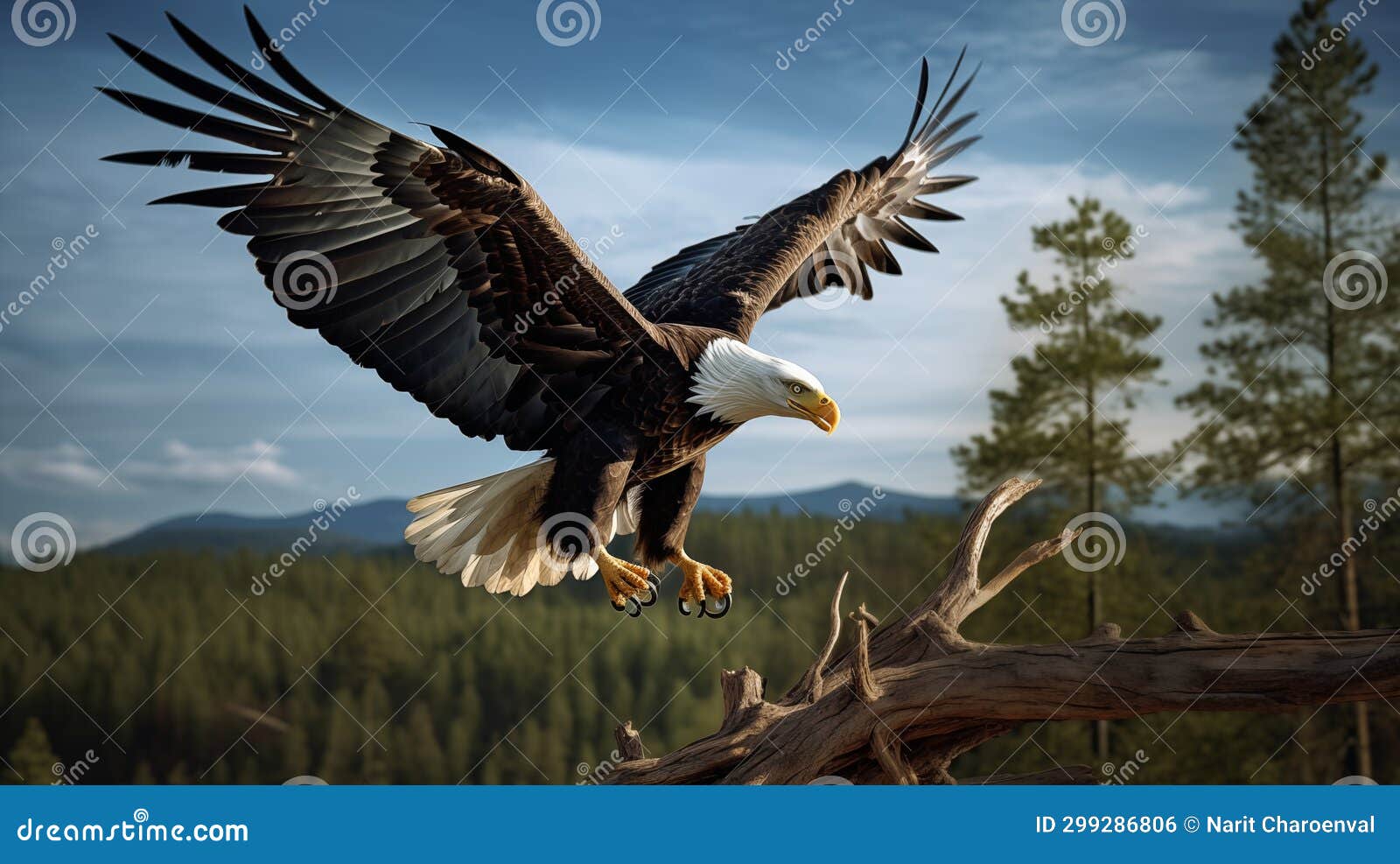 Graceful Descent: Eagle on Tree Top with Ample Copy Space Stock ...