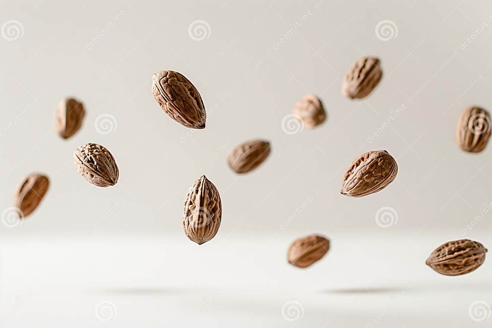 A Graceful Display of Nuts Floating and Descending Against Clean White ...