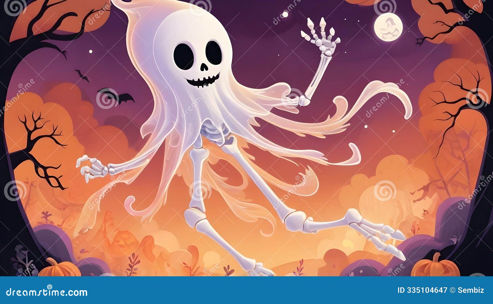 Graceful Floating Halloween Ghost on Orange Background Comic ...
