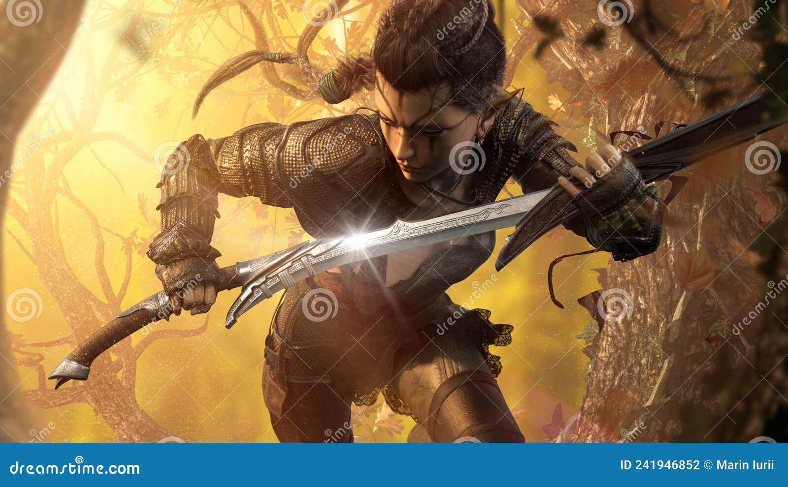 Graceful Forest Elf Warrior Jumps through the Trees in the Autumn ...