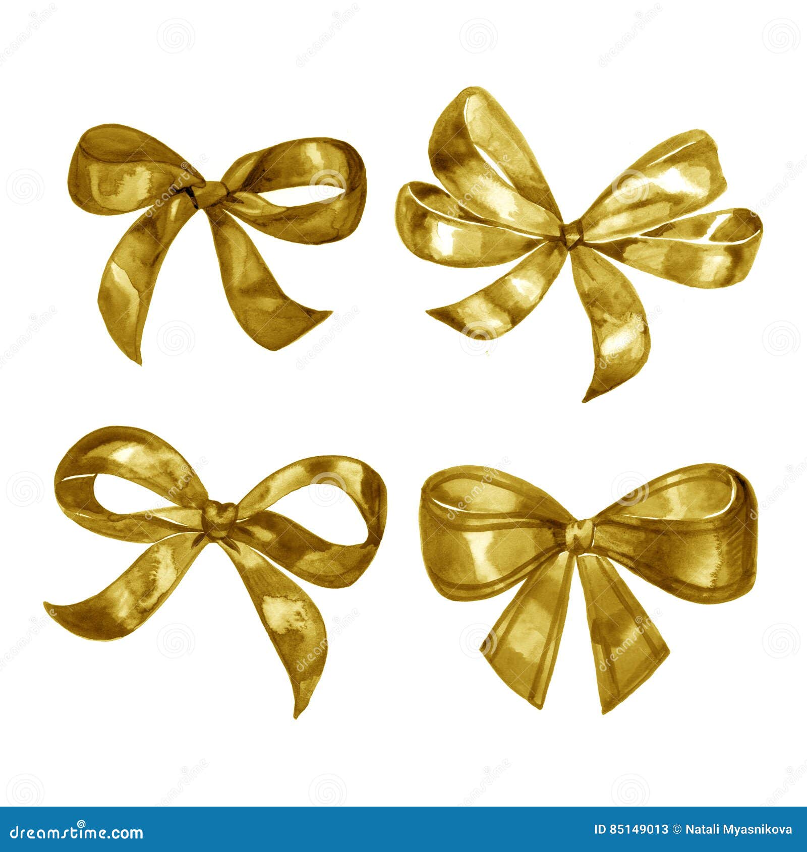 Graceful Golden Bow Isolated on White Background. Watercolor Stock ...
