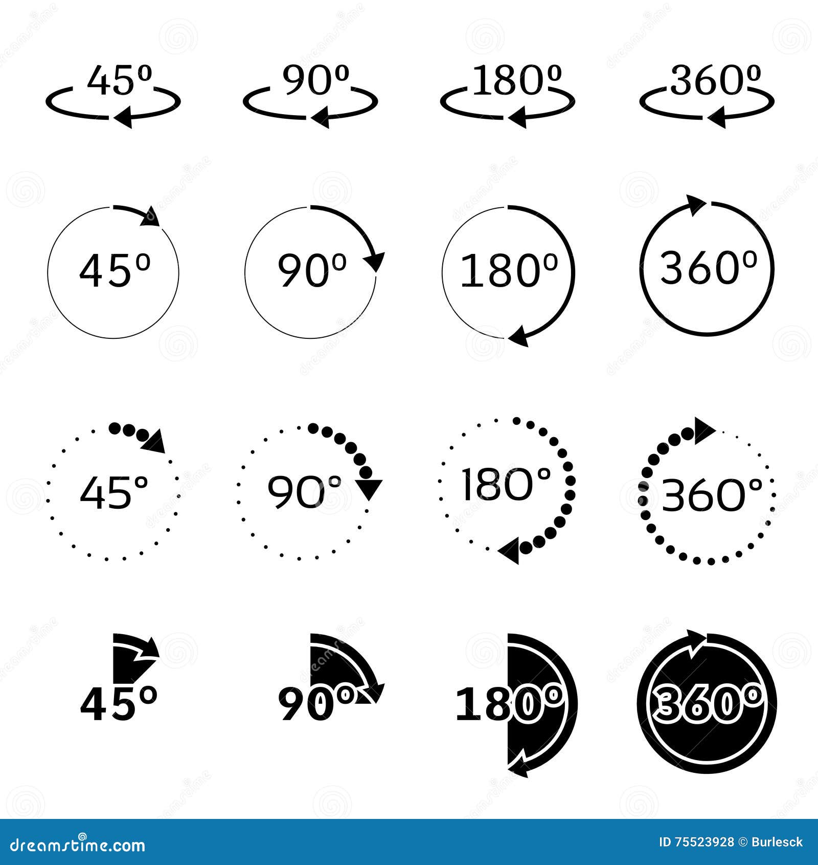 Grad-Vektorikonen Der Winkel 45, 90, 180 Und 360 Eingestellt Vektor ...