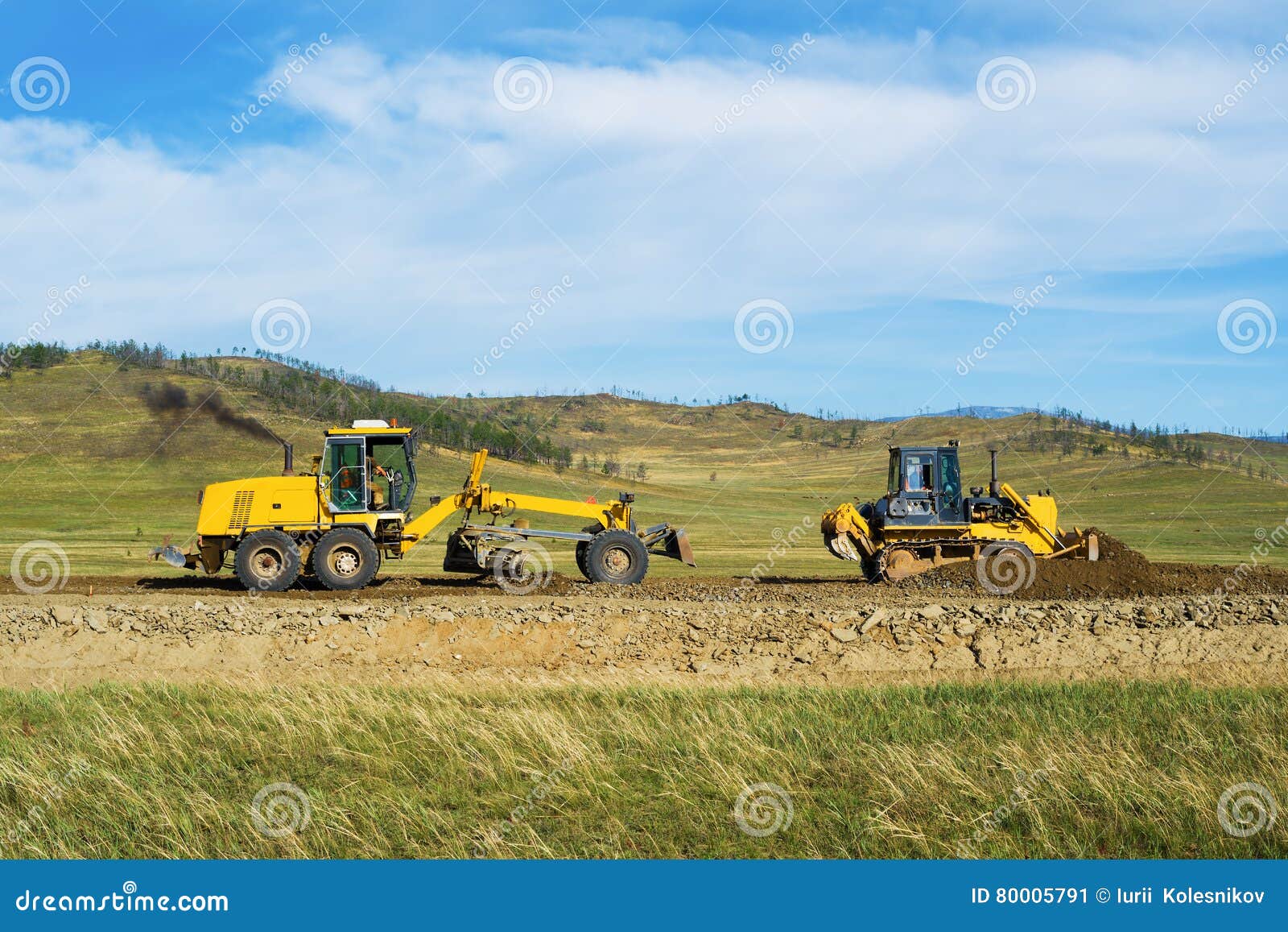 Grader and Bulldozer on the Construction of the Road Stock Image ...
