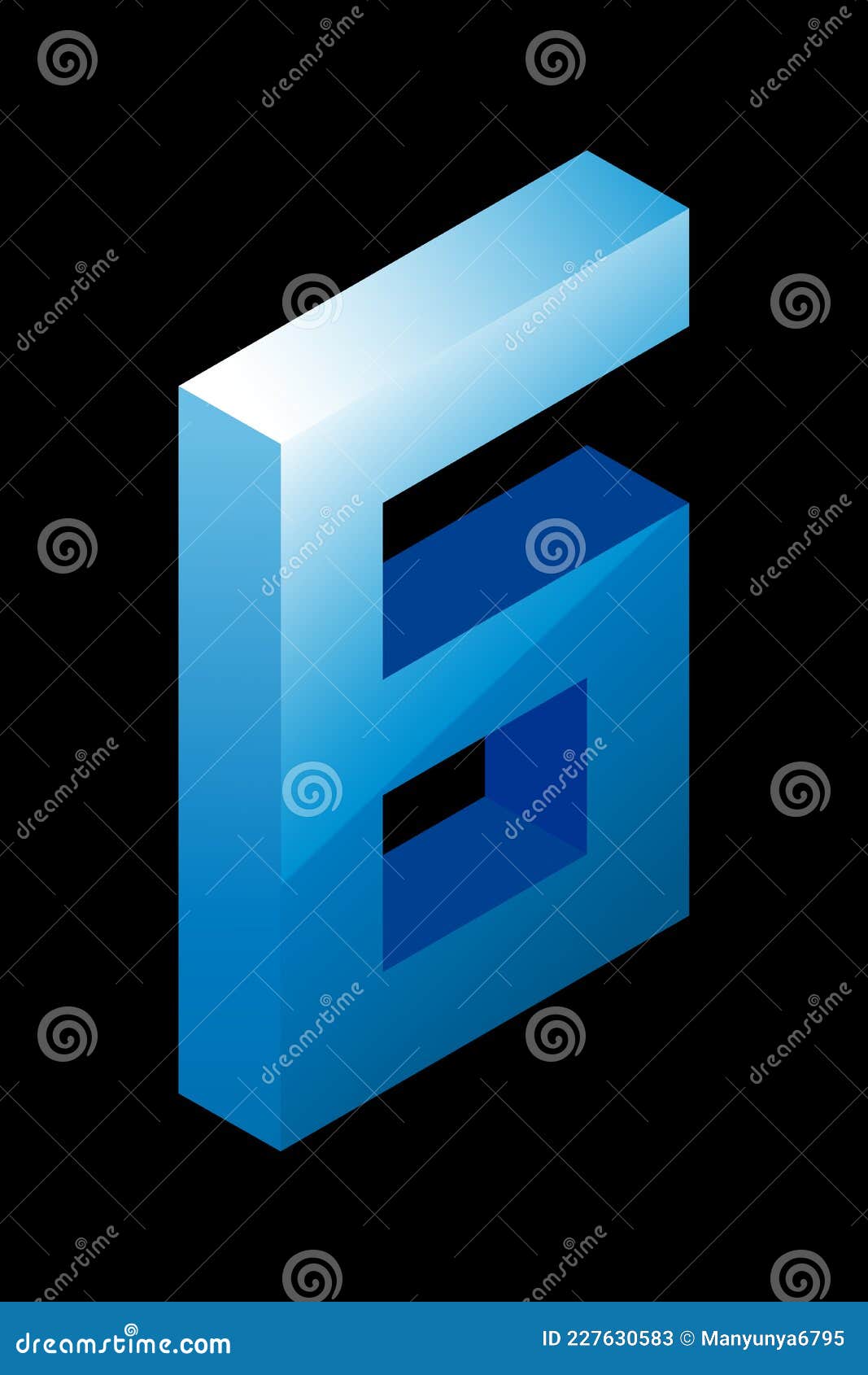Gradient Blue Number 6 in Isometric Style. Isolated on Black Background ...