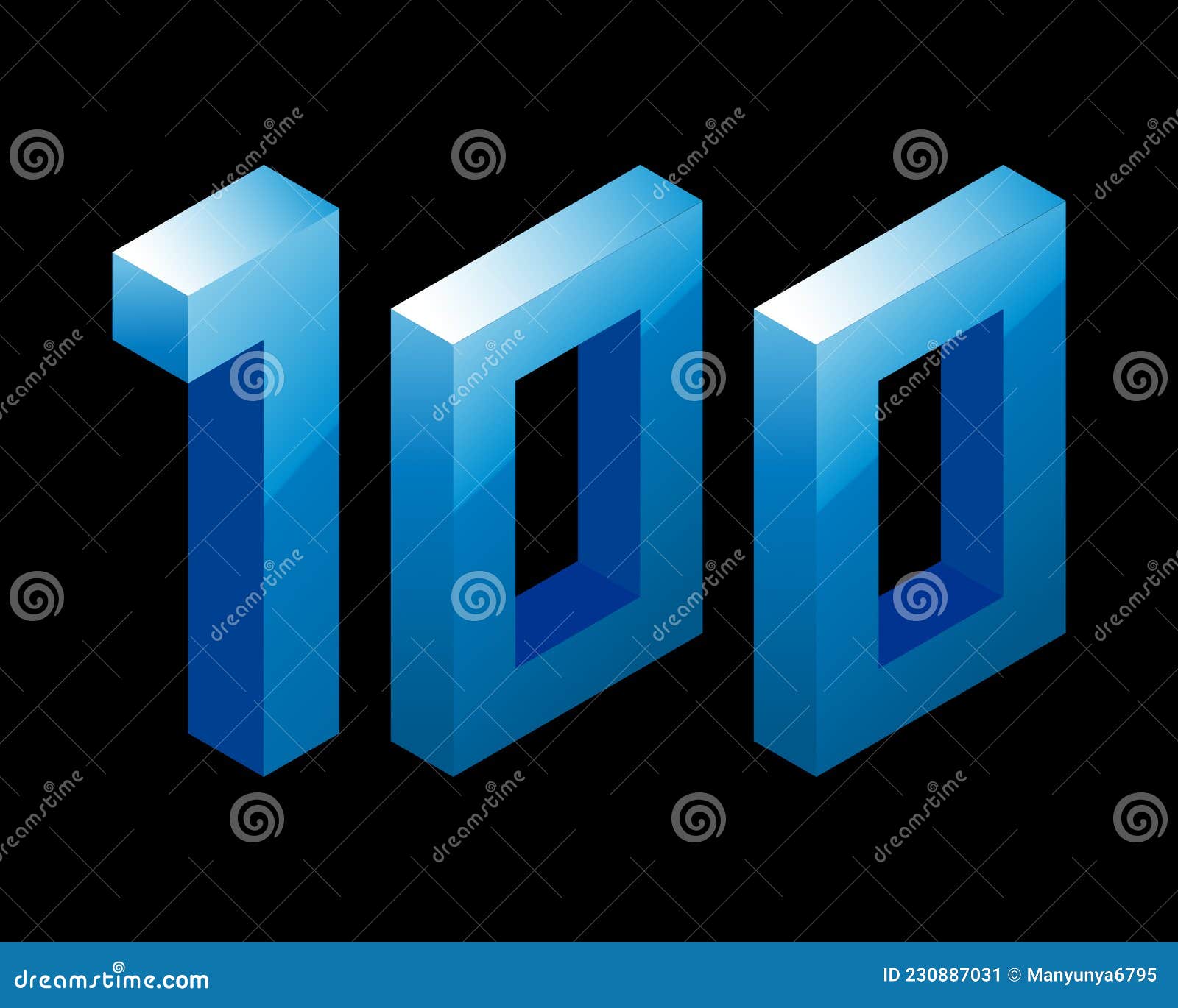 Gradient Blue Number 100 in Isometric Style. Isolated on Black ...