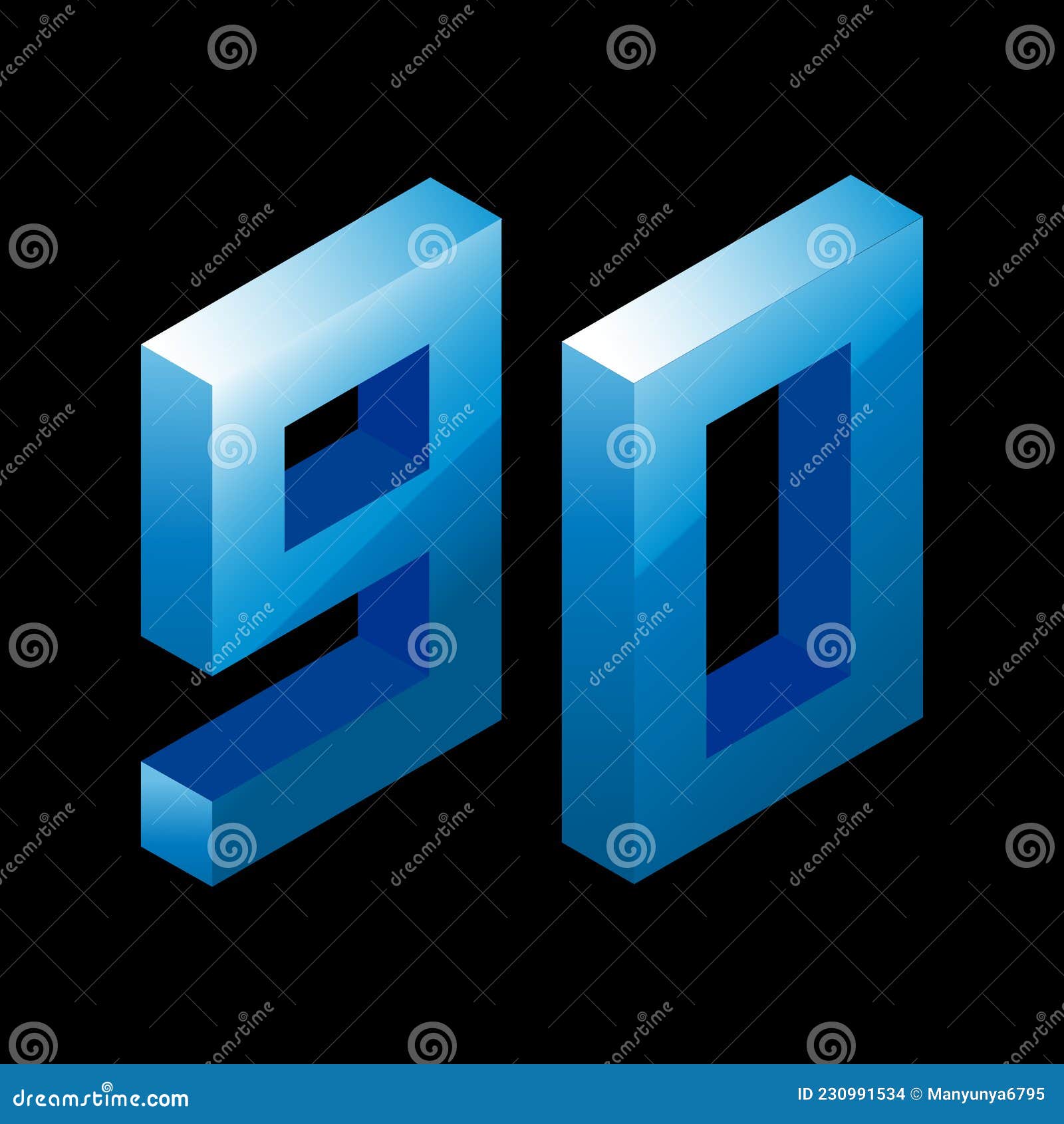Gradient Blue Number 90 in Isometric Style. Isolated on Black ...