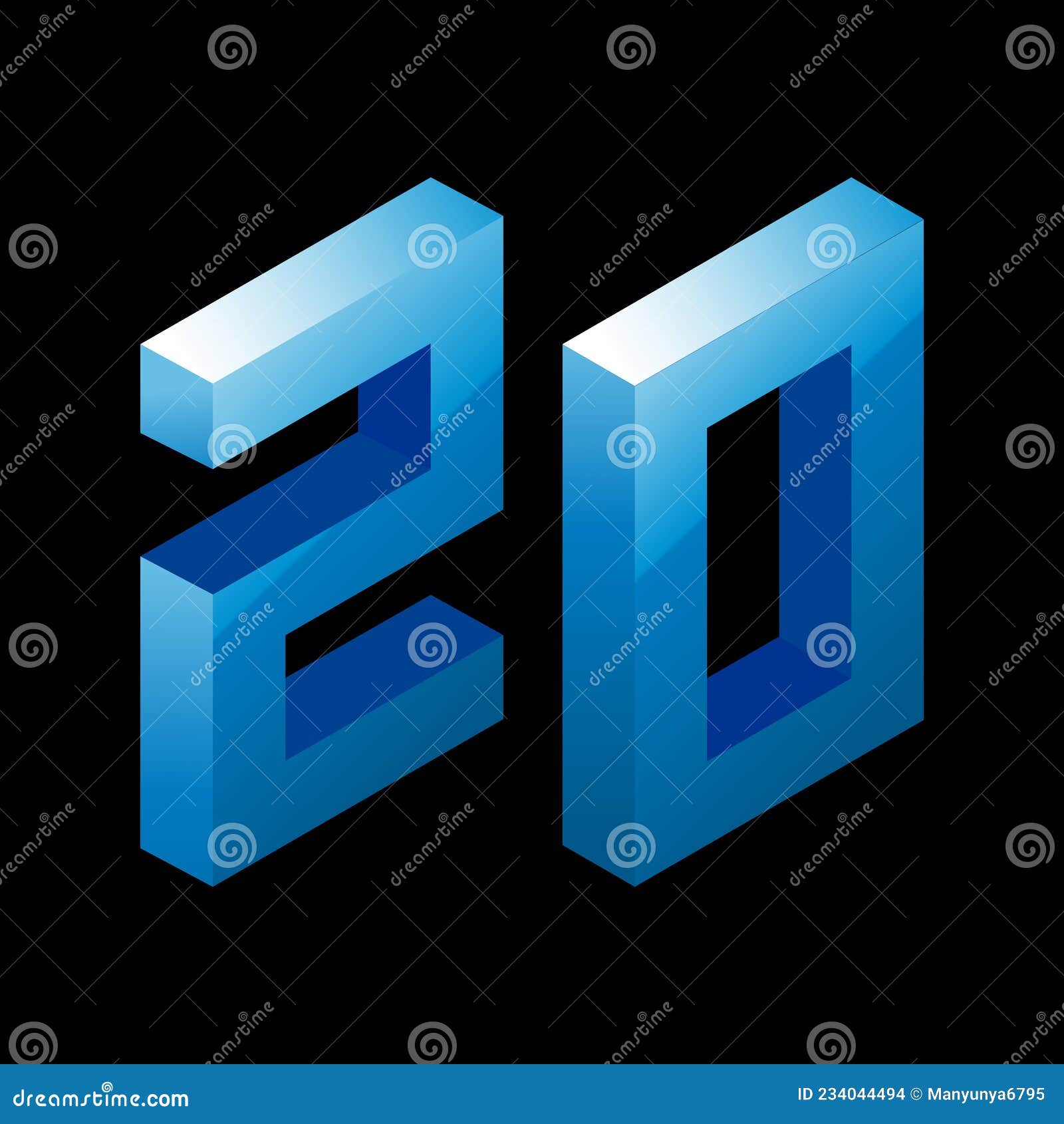 Gradient Blue Number 20 in Isometric Style. Isolated on Black ...