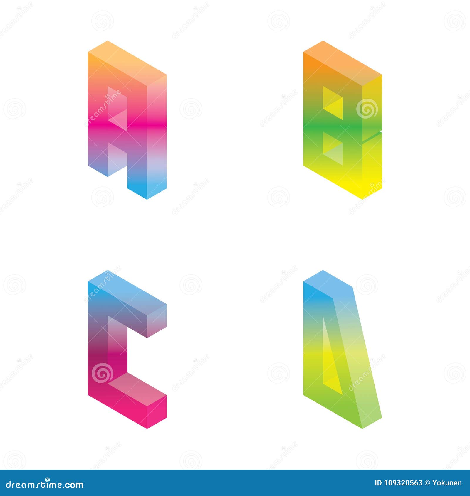 Gradient Bright Isometric Letters a B C D in Vivid Colors, Isolated on ...