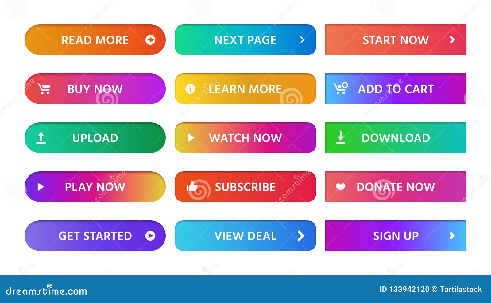 Gradient Buttons. Rectangular Next Page Button, Read More and Add To Cart Icon Colorful ...
