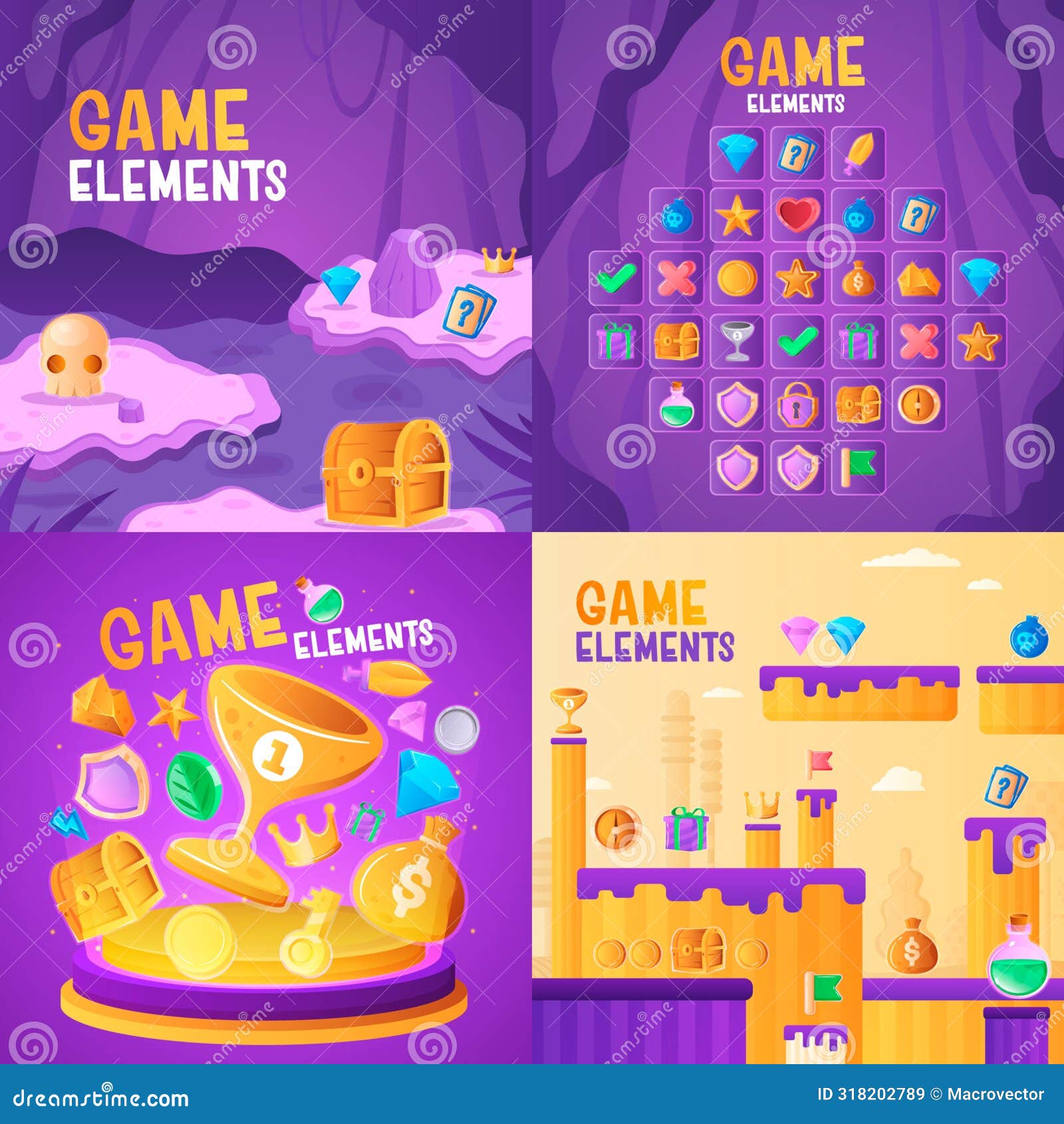 Gradient Cartoon Game Elements Compositions Set Stock Illustration ...