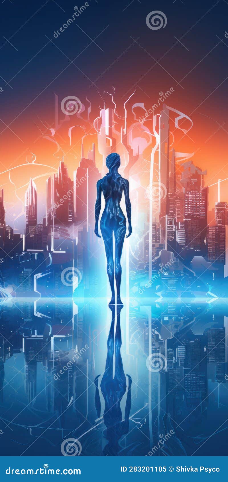 Gradient Icon Cyborg City with Woman Illustration Stock Illustration ...