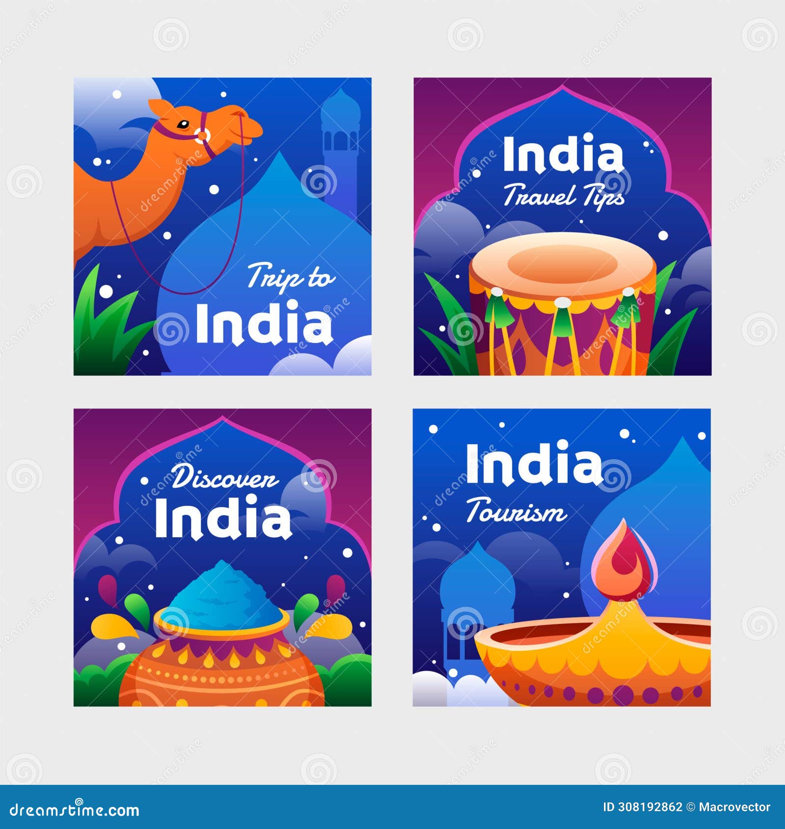 Gradient India Travel Square Illustration Set Stock Illustration ...