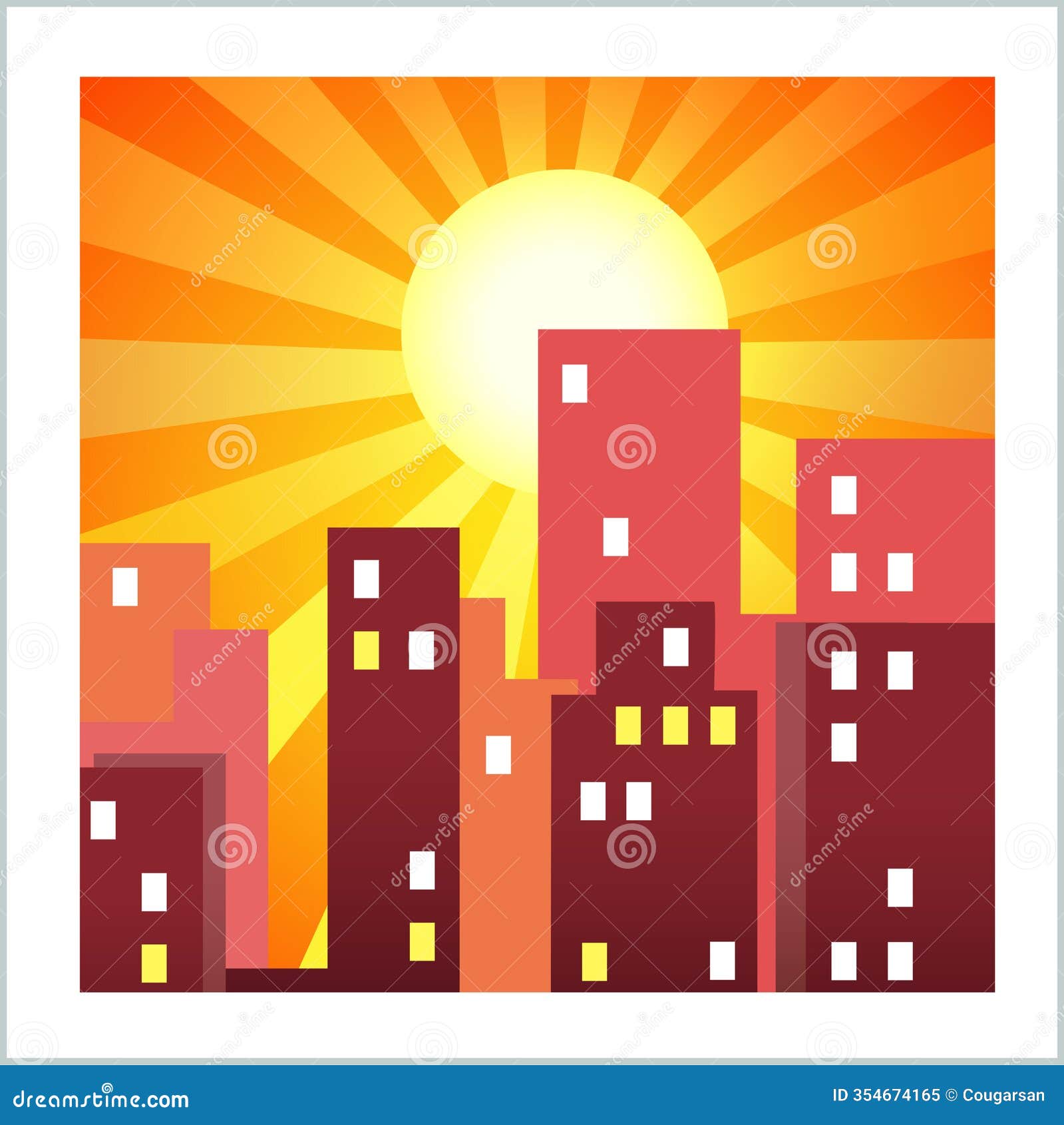 Gradient Orange Sky Icon with Sun Setting Behind City Buildings at ...