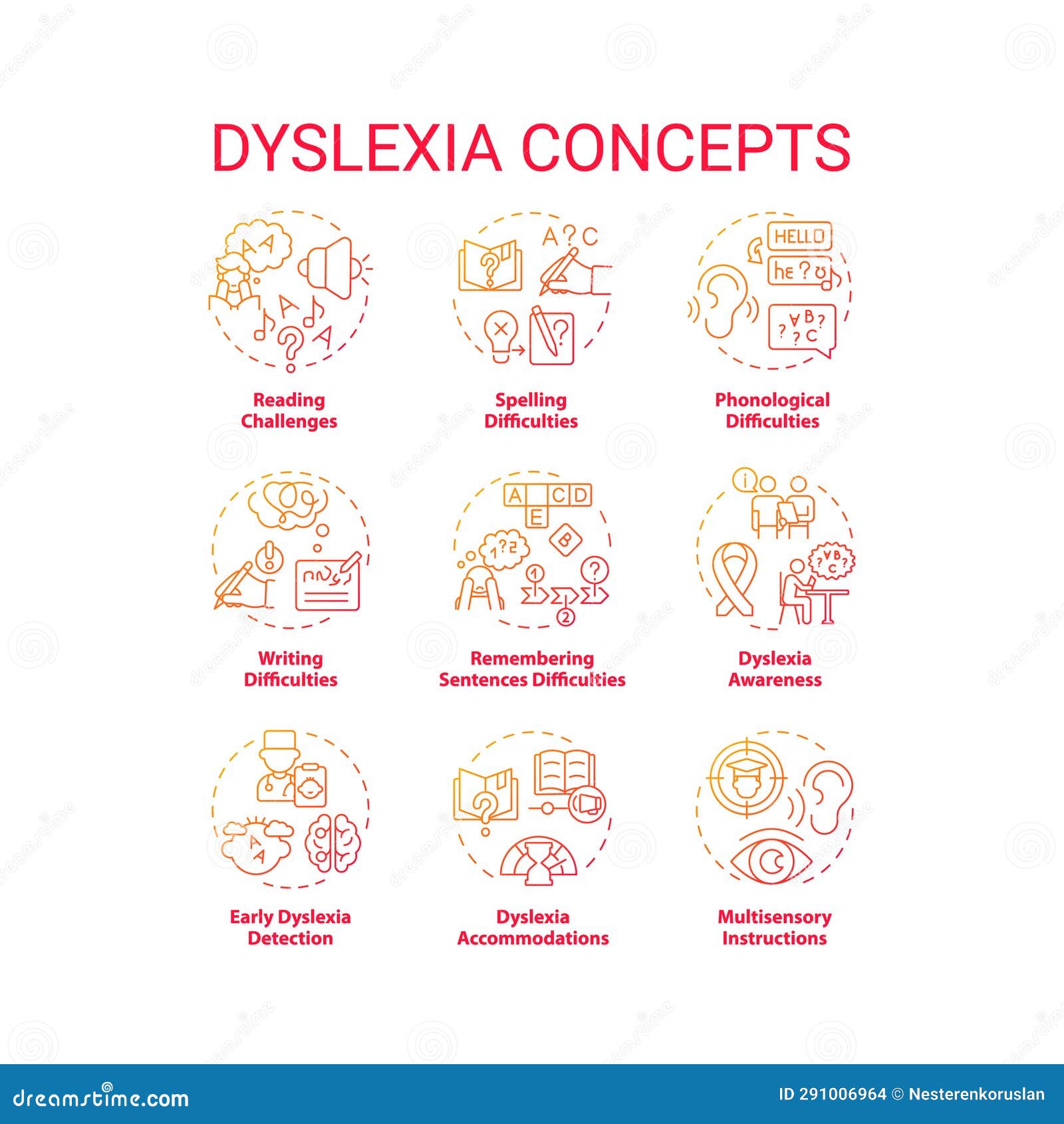 Gradient Red Line Icon Set for Dyslexia Stock Vector - Illustration of ...