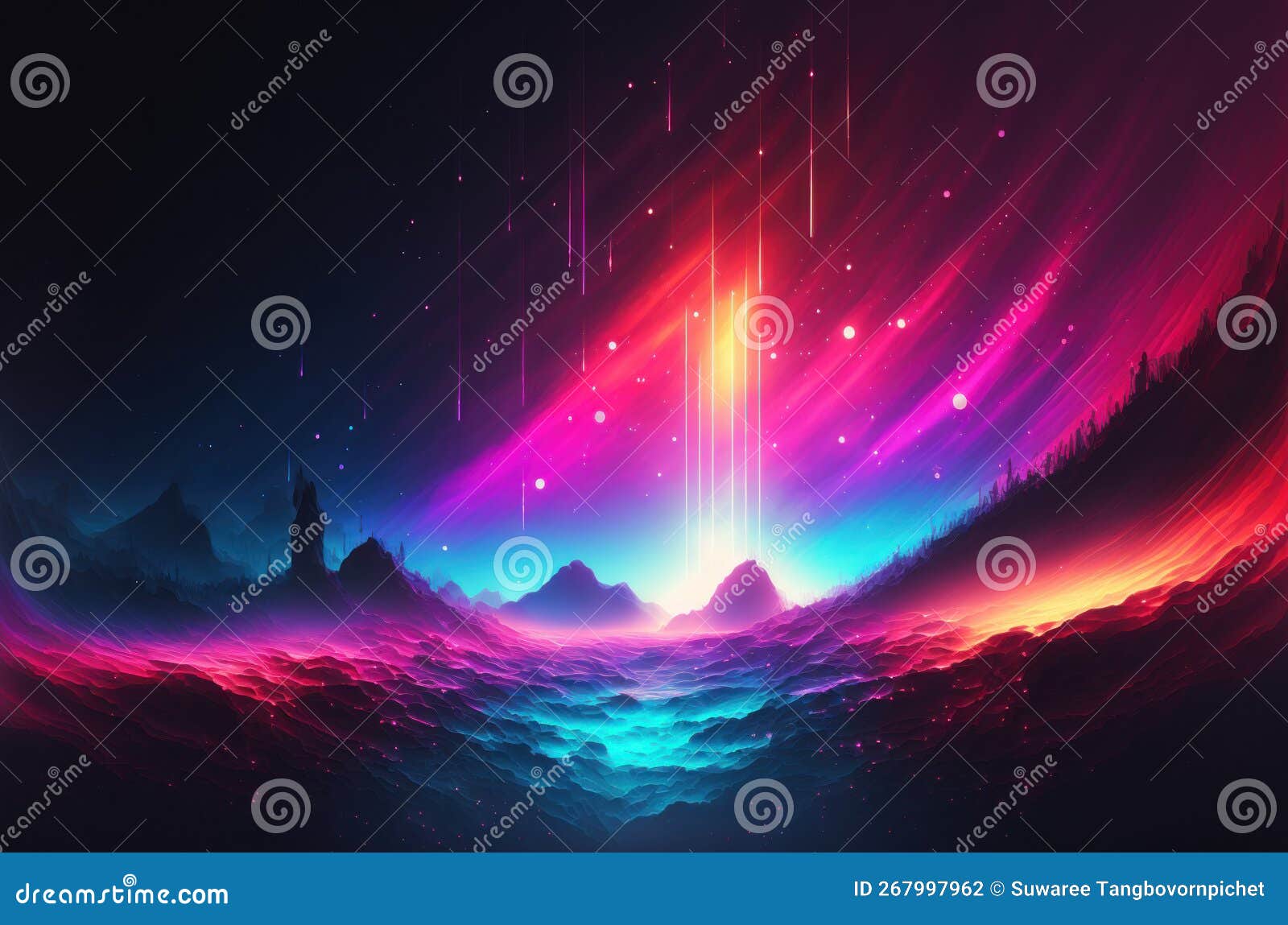 Gradient Reflection God Rays Magic Sunset in Wonderland Landscape Neon ...