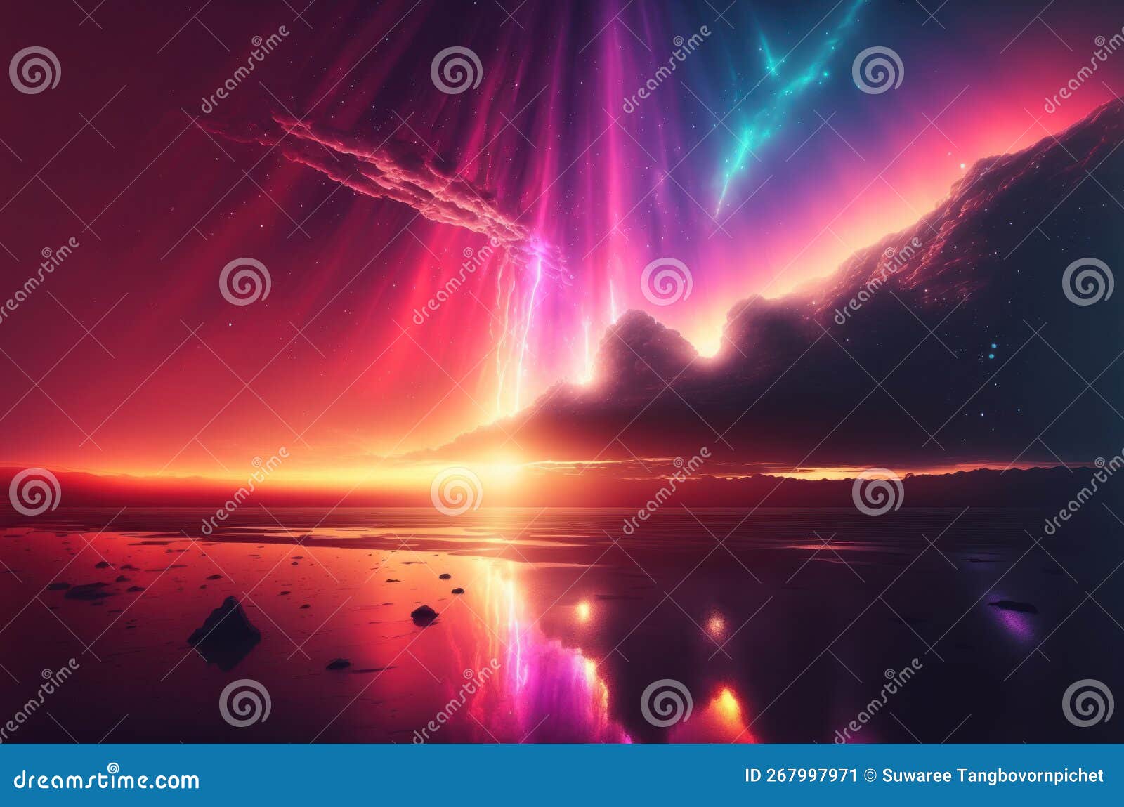 Gradient Reflection God Rays Magic Sunset in Wonderland Landscape Neon ...
