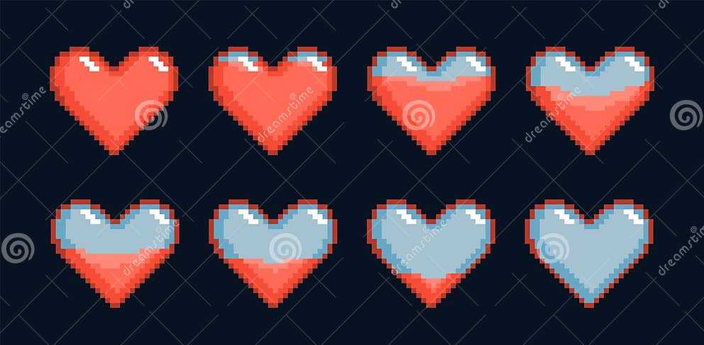 Gradual Decrease in Life Indicator. Pixel Heart, Health Bar Level ...