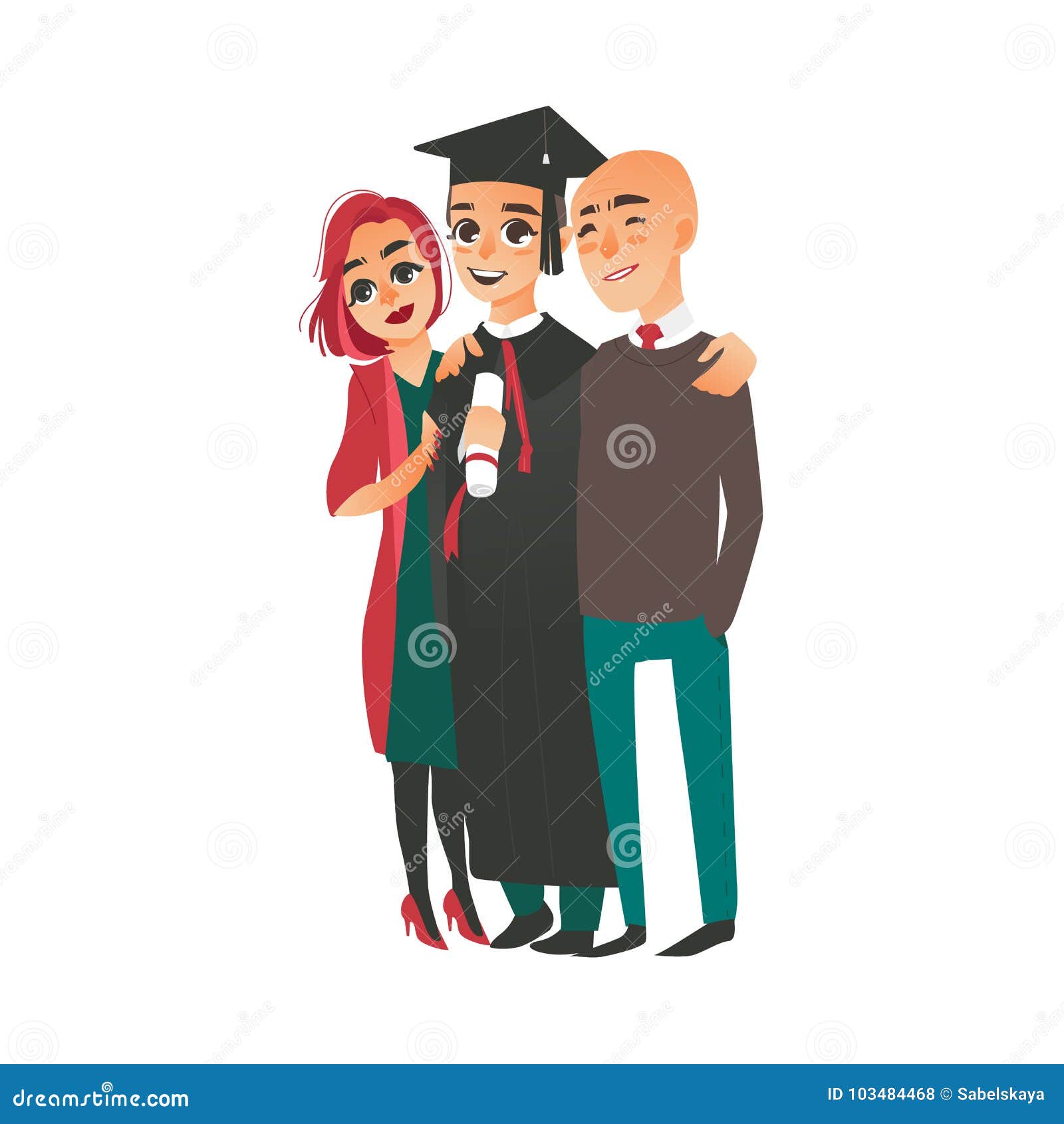 Graduate in Cap, Gown Standing with Proud Parents Stock Vector ... Graduate in Cap, Gown Standing with Proud Parents Stock Vector ...