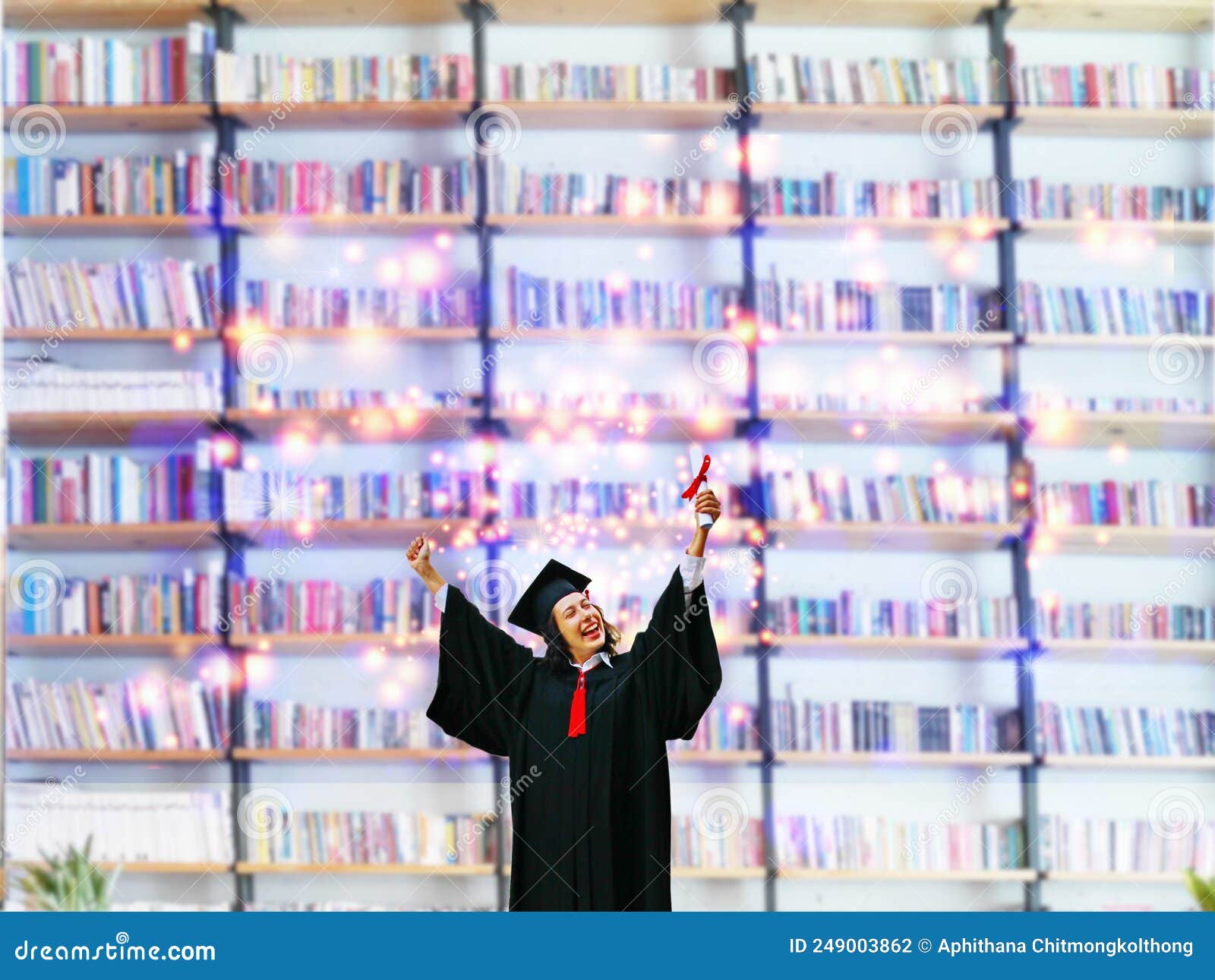 Graduate in Congratulation Moment with Book Shelf Abstract Background ...